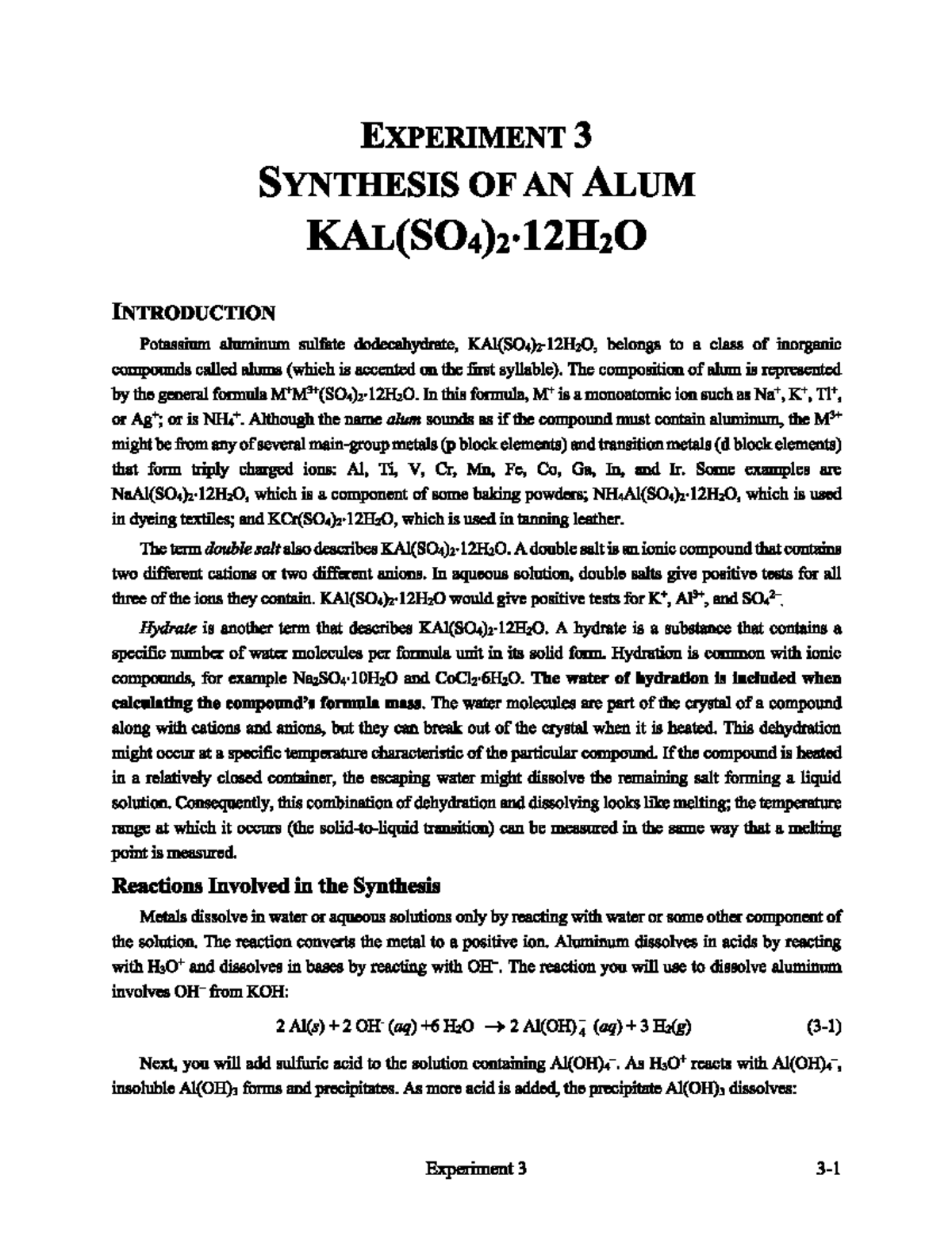 Experiment 3: Synthesis of Alum - Chemistry 1040L Lab Notes - Studocu