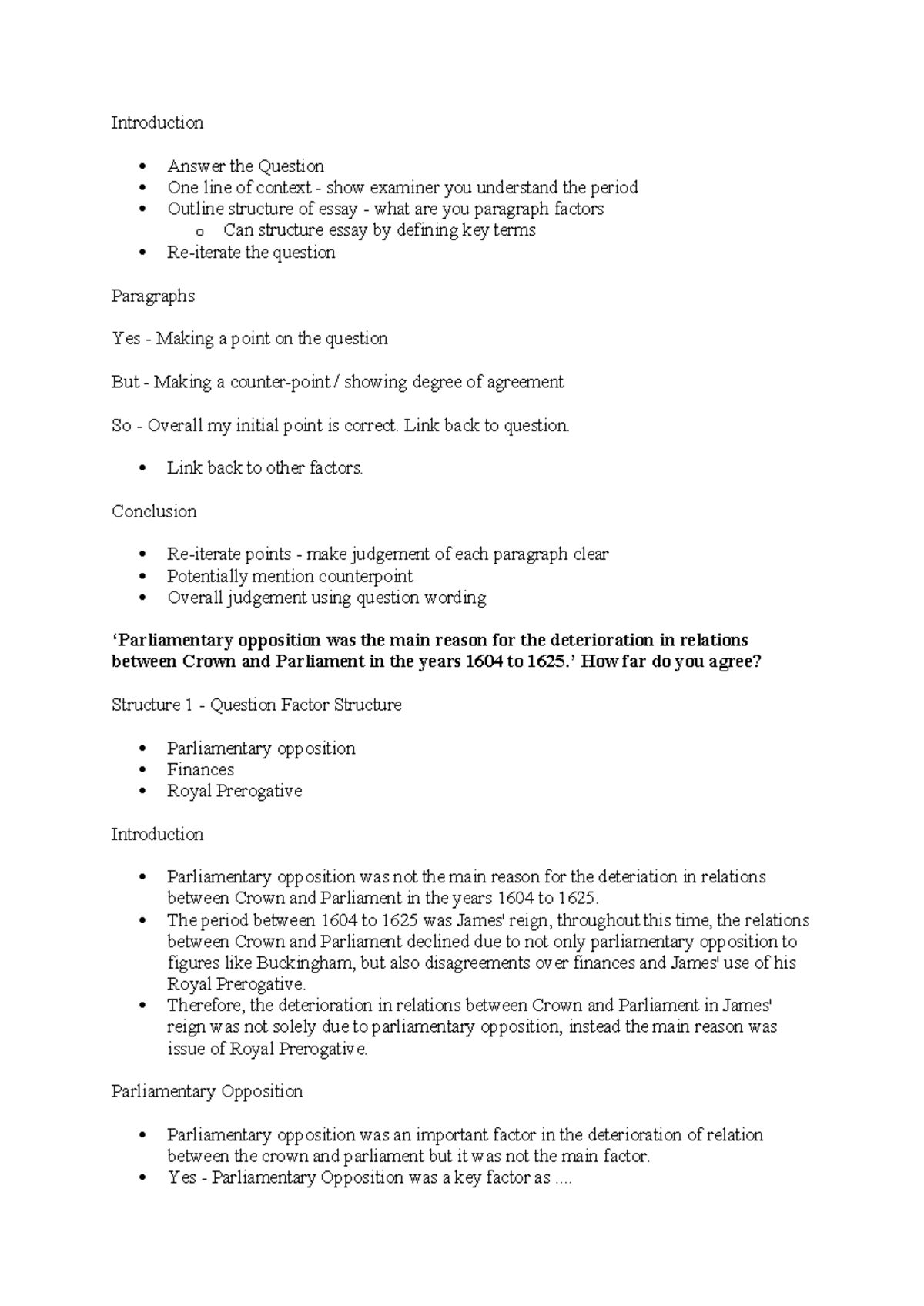 Essay Plan - Parliamentary Opposition & Relations under James (1604 ...