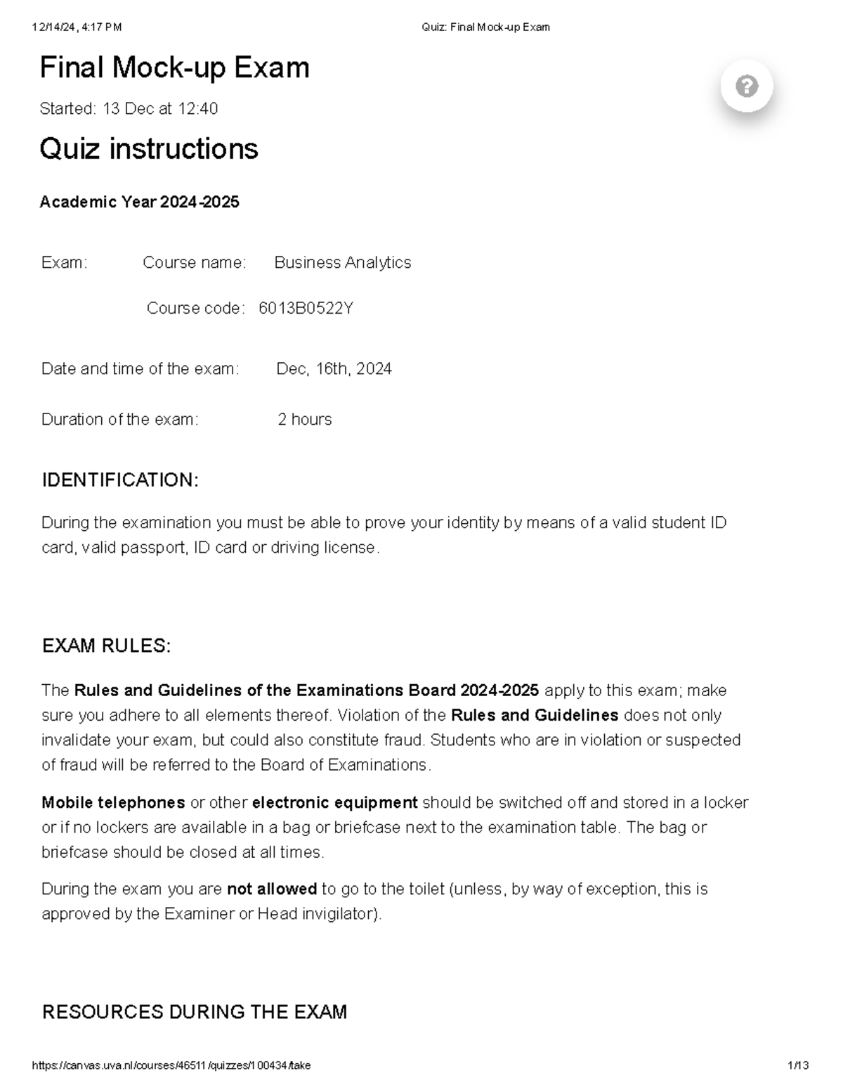 Final Mock Exam for Business Analytics 6013B0522Y (2024-2025) - Studeersnel