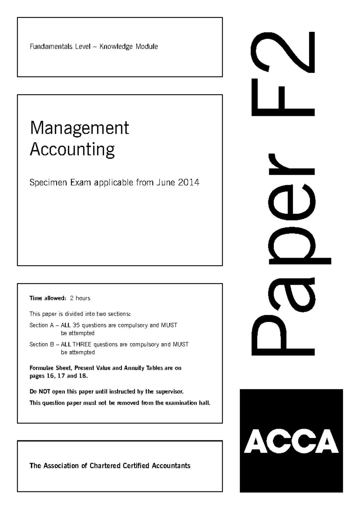 Management Accounting Specimen Exam F2 with Answers and Solutions - Studocu