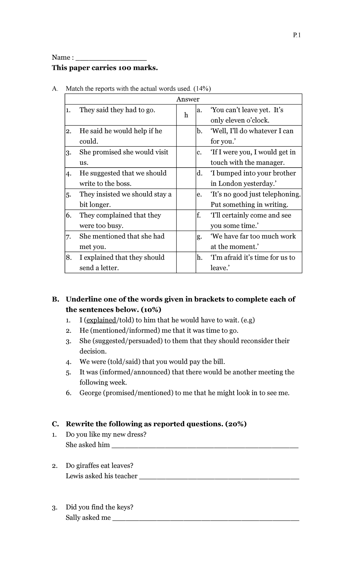 Reported Speech Test 67161: Practice Questions and Answers - Studocu