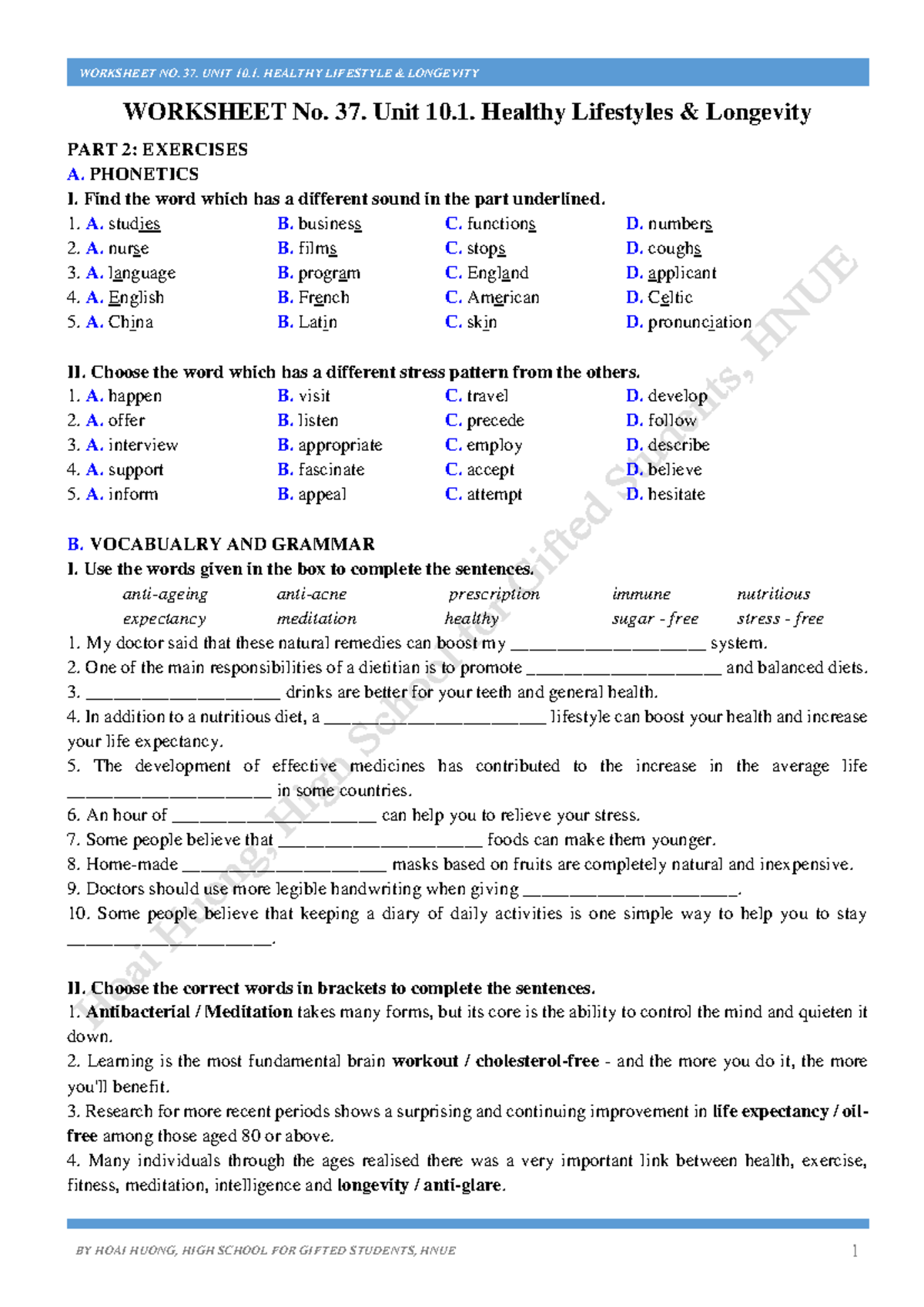 Worksheet No. 37. Unit 10. Healthy Lifestyle Longevity - WORKSHEET No ...