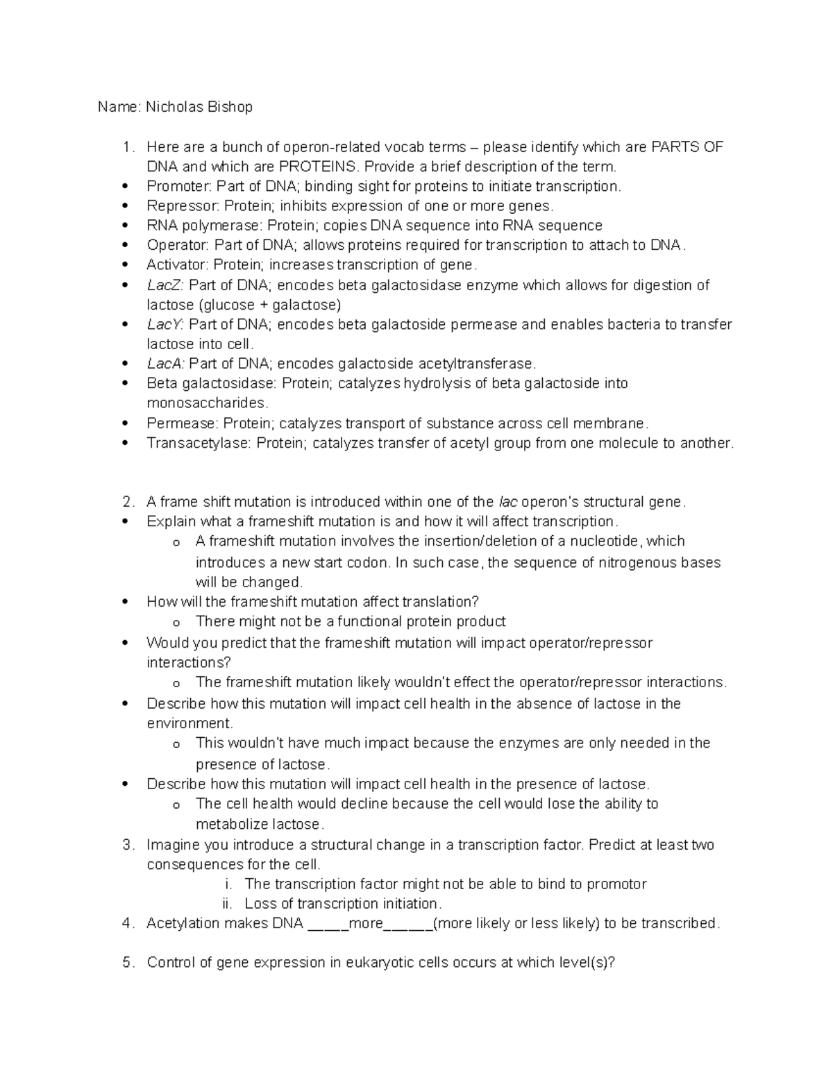 Gene expression and Genetics: Assignment - Name: Nicholas Bishop 1 ...