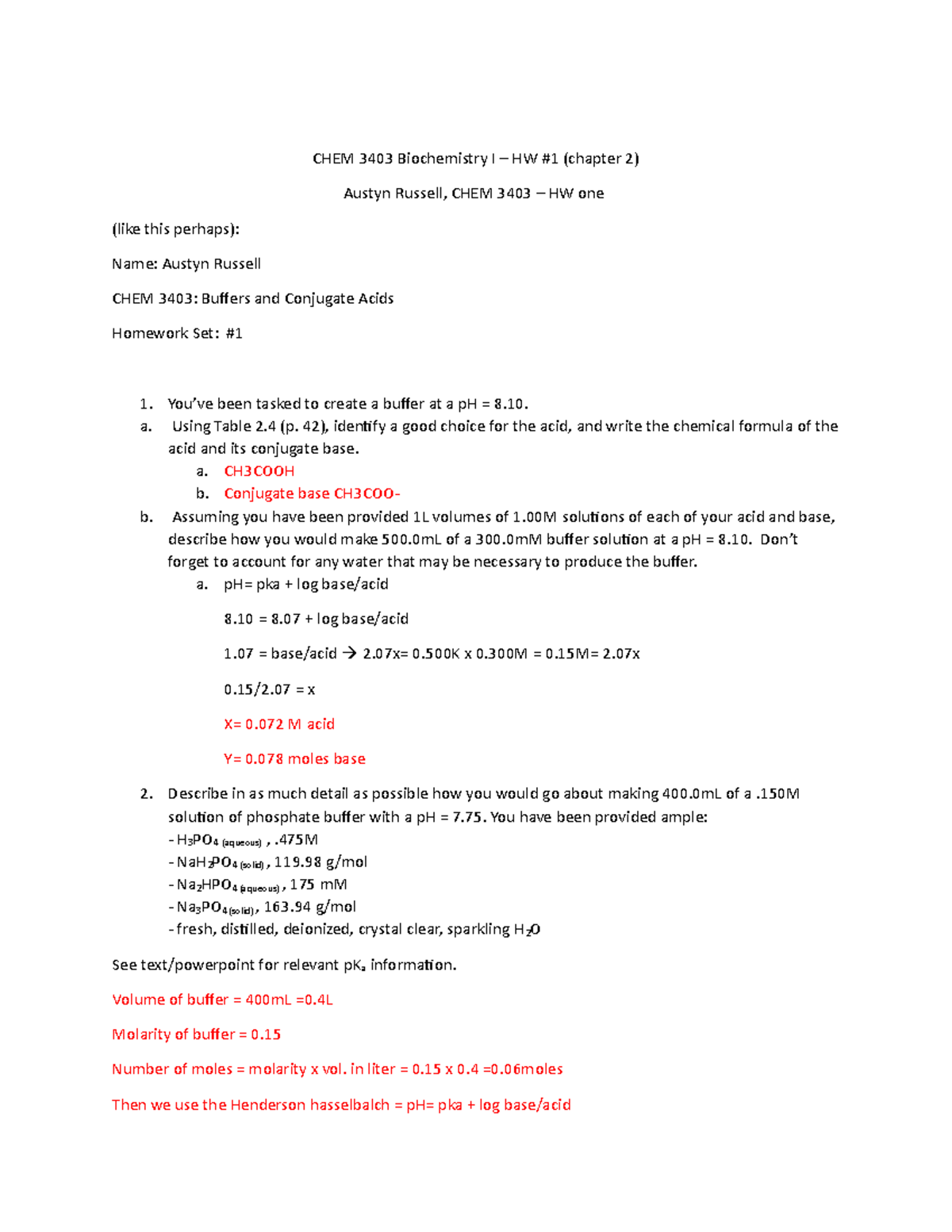 CHEM 3403 Biochem I - Homework 1: Buffers & Acid-Base Solutions - Studocu