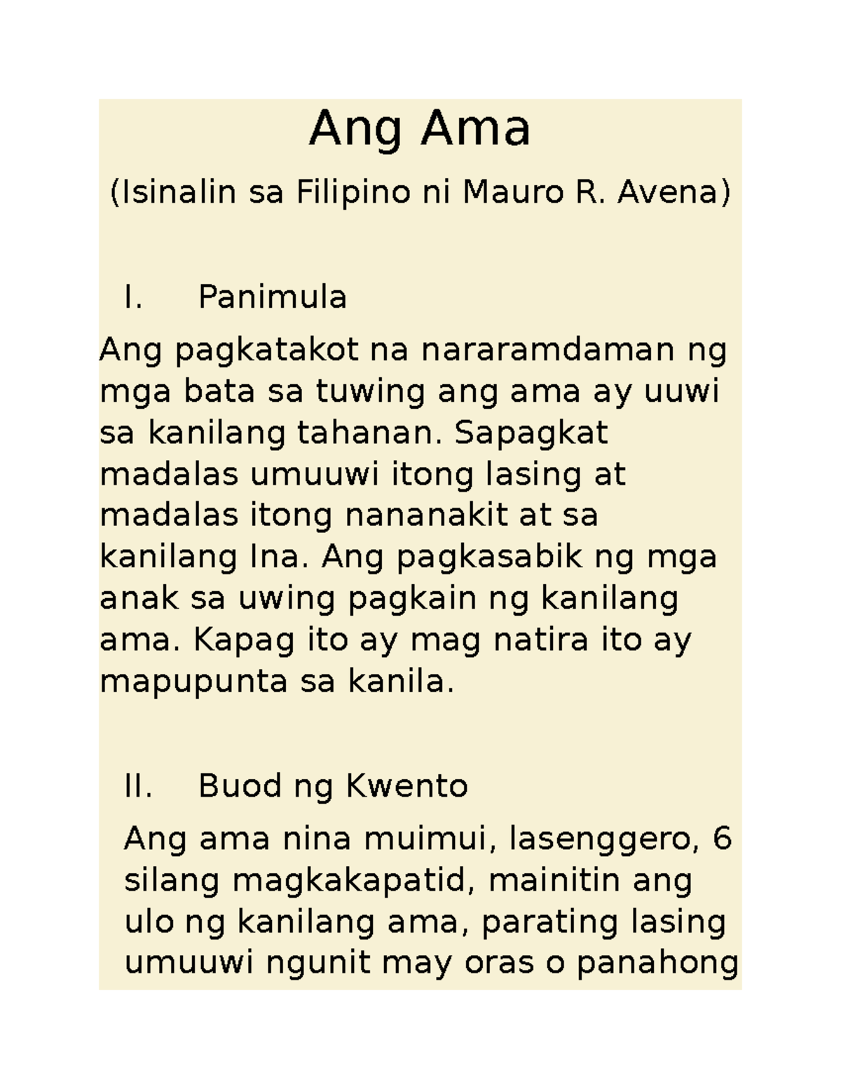 Ang Ama: Isang Pagsusuri sa Kuwento ni Mui Mui - Studocu