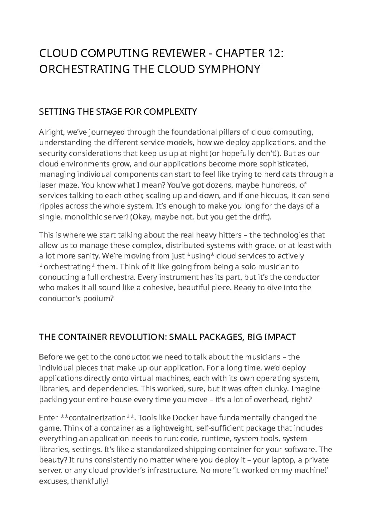 CLOUD COMPUTING ESSENTIALS: CHAPTER 12 - ORCHESTRATING THE CLOUD - Studocu