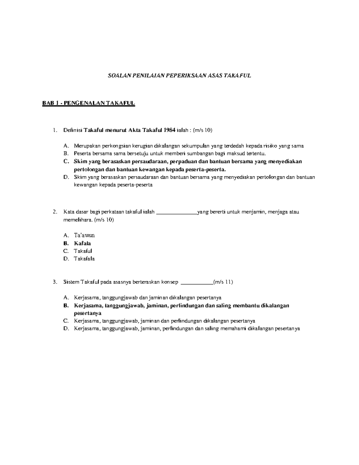 Contoh Soalan TBE Set 7 - SOALAN PENILAIAN PEPERIKSAAN ASAS TAKAFUL BAB ...