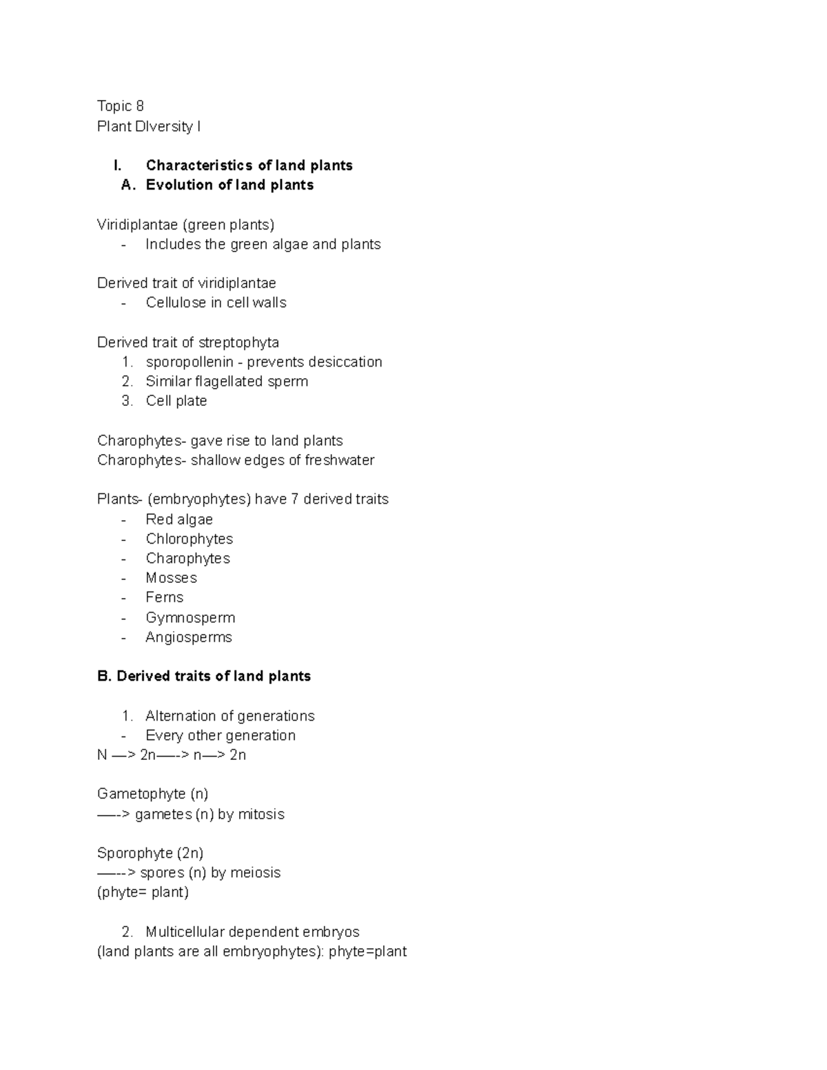 Biology topic 8 - Topic 8 Plant DIversity I I. Characteristics of land ...