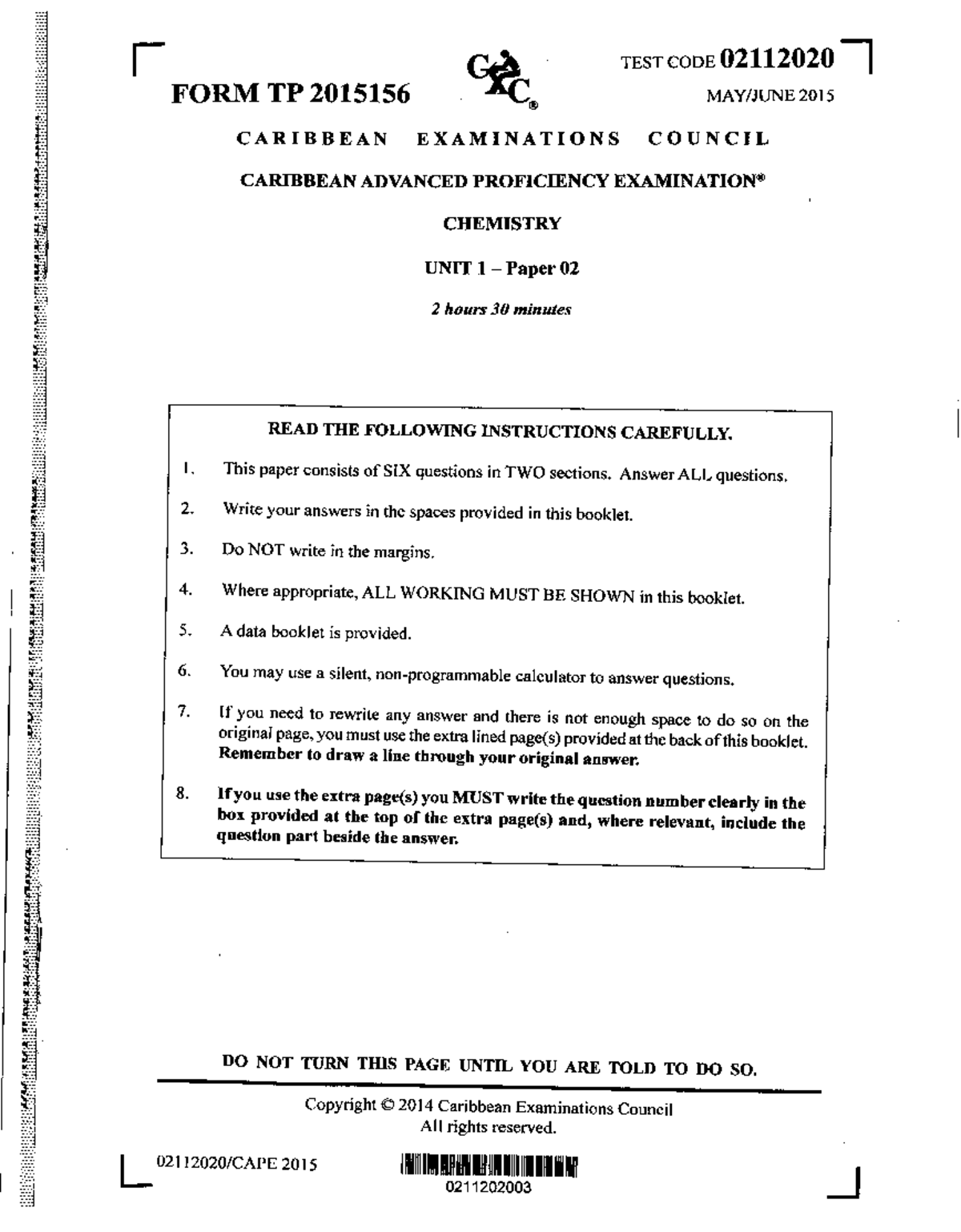 Chemistry CAPE 2015 Unit 1 Paper 2 - Past Exam Questions - Studocu