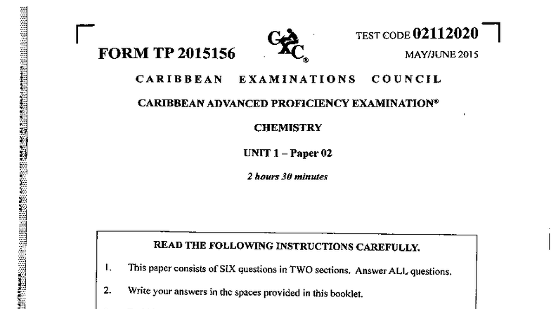 Chemistry CAPE 2015 Unit 1 Paper 2 - Past Exam Questions - Studocu