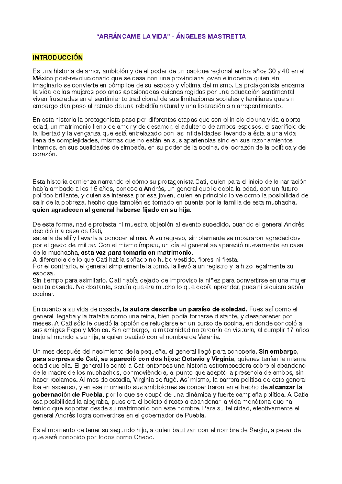 "Resumen de 'Arráncame la Vida' - Análisis de Ángeles Mastretta" - Studocu