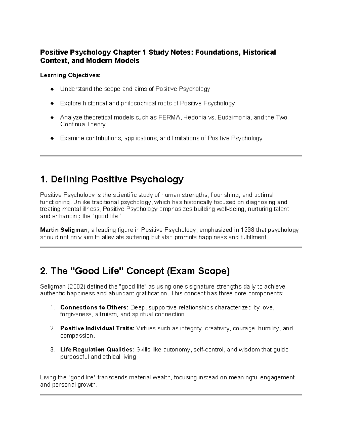 Positive Psychology PSY101 Chapter 1 Study Notes: Foundations & Models ...