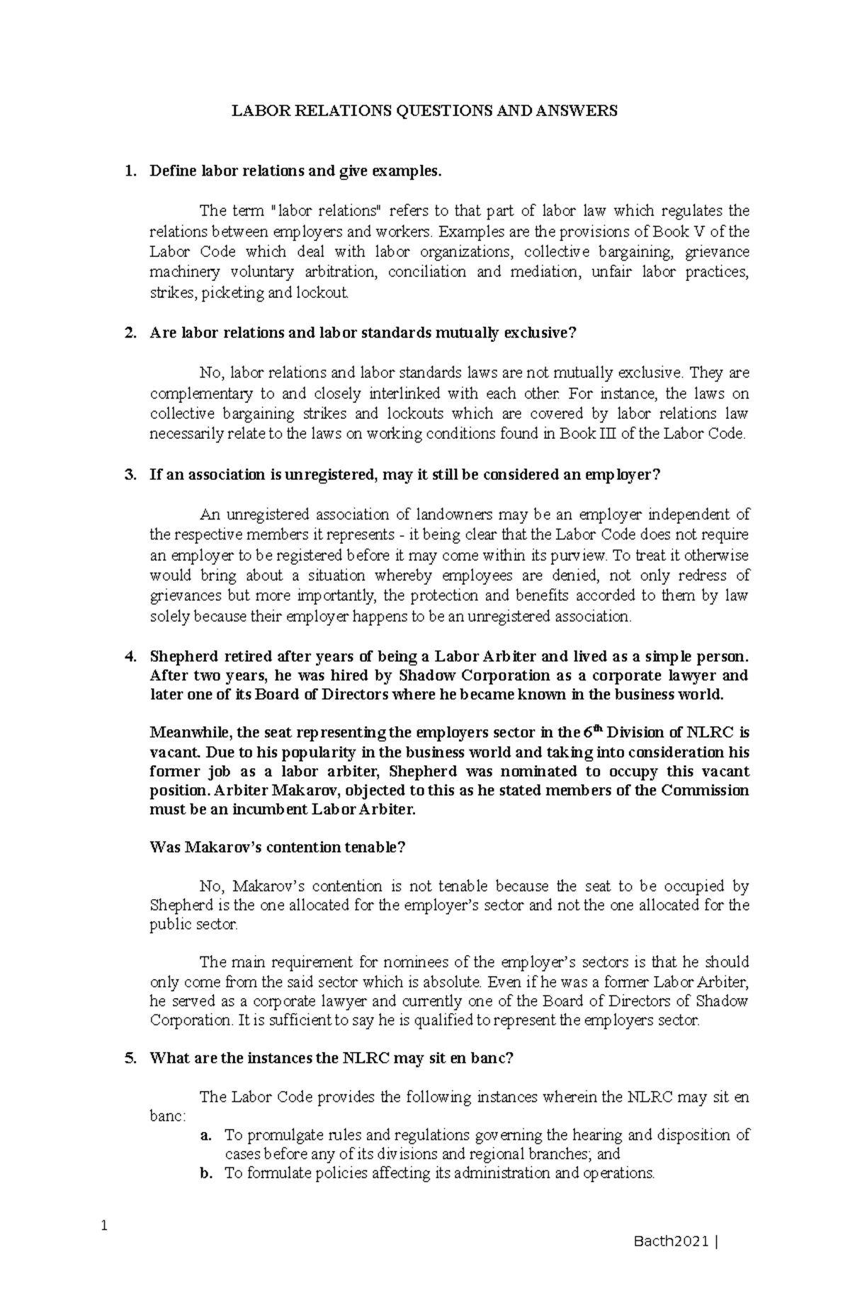 Labor Relations Questions and Answers 2021 - LABOR RELATIONS QUESTIONS ...