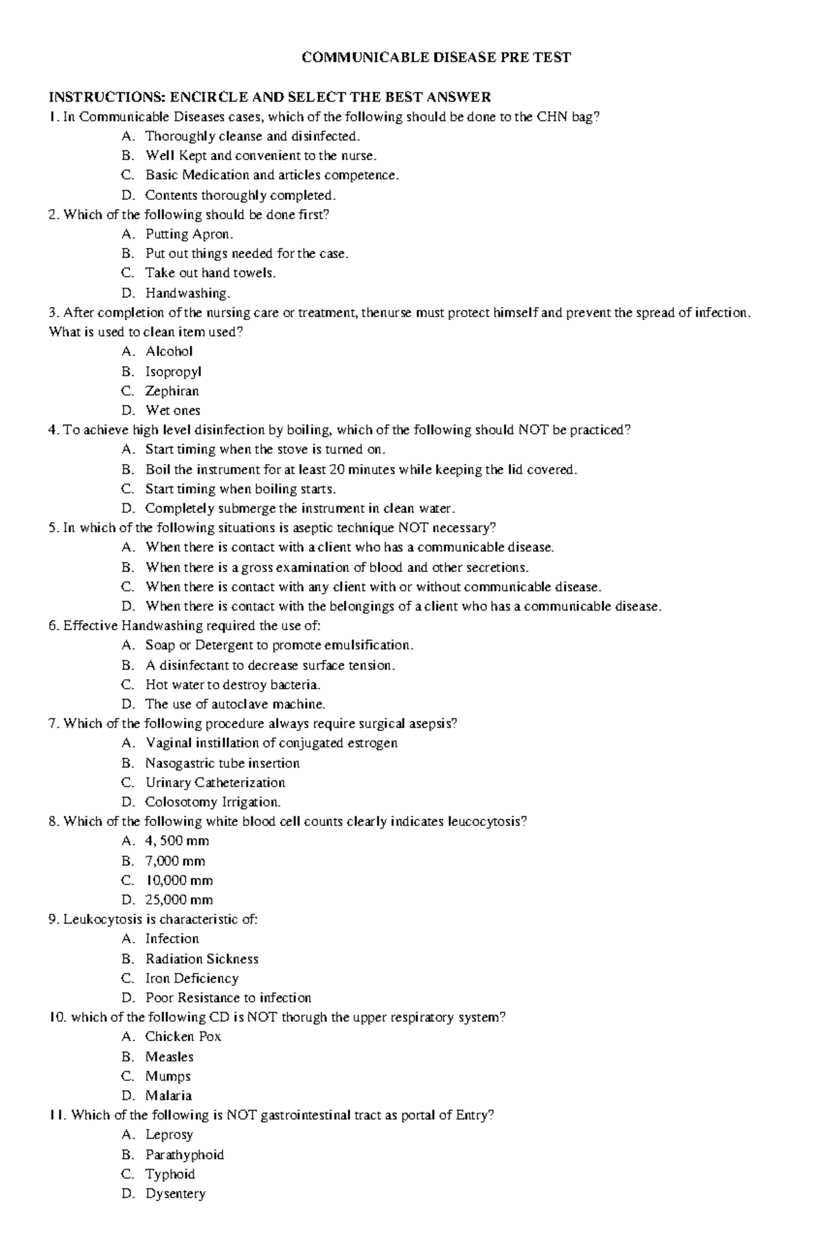 Pre-Test Reviewer for Communicable Diseases (CD) Set 1 - Studocu