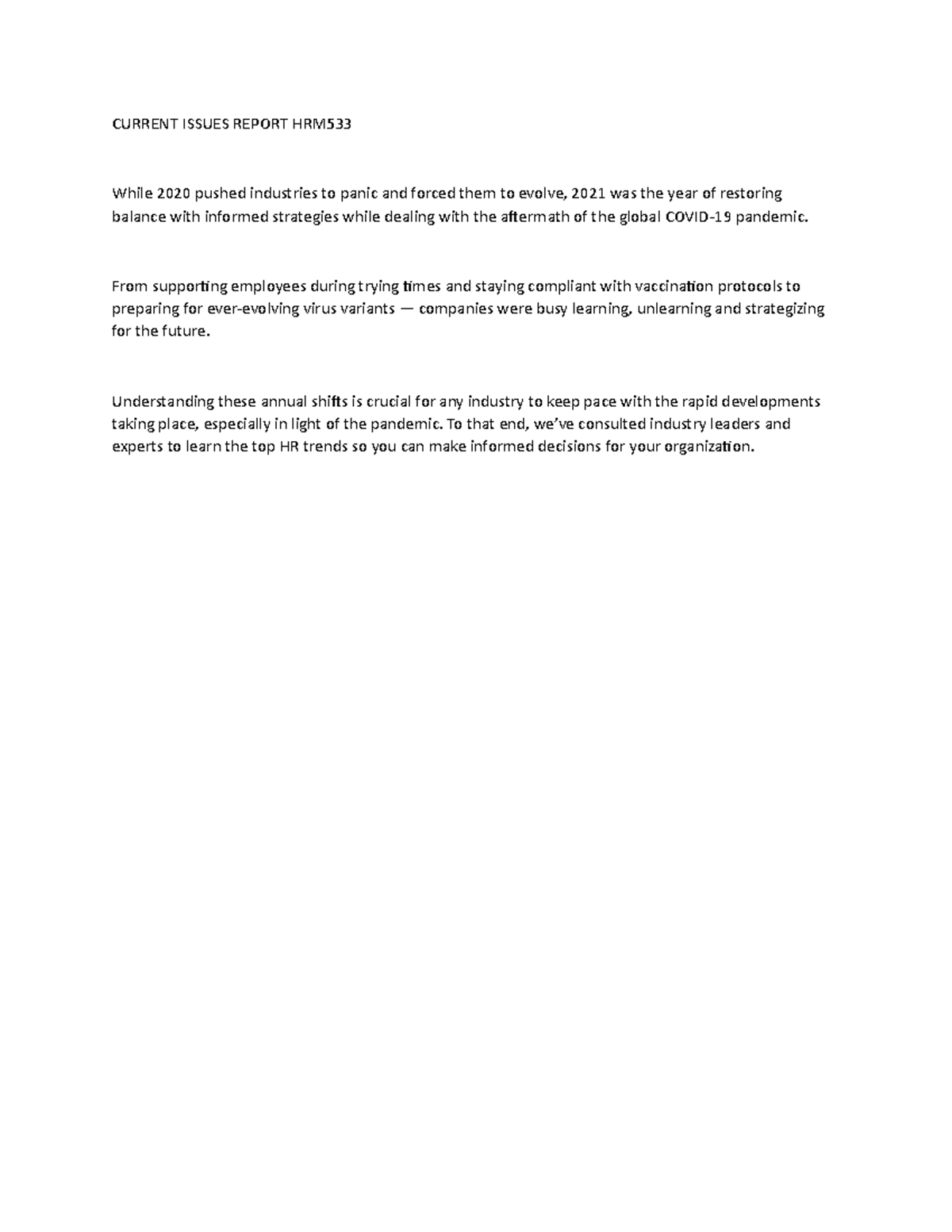 Current Issues Report HRM533 HUMAN RESOURCES - Introduction to Human ...