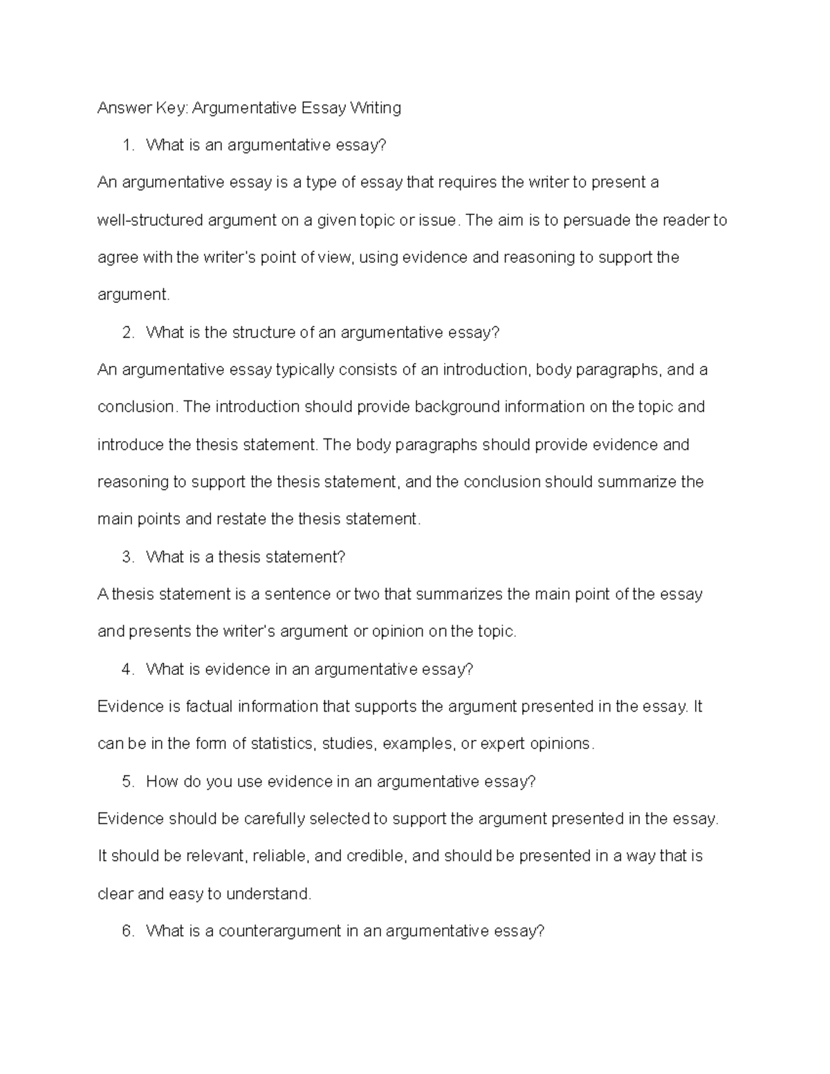 ENG 101: Argumentative Essay Writing Answer Key Guide - Studocu