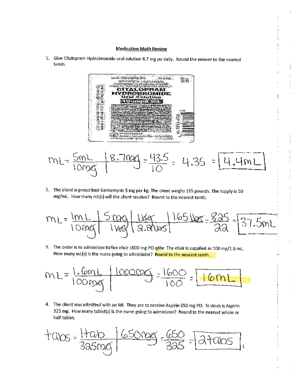 Medication Math Comprehensive Review (Answer Key) - Medication Math ...