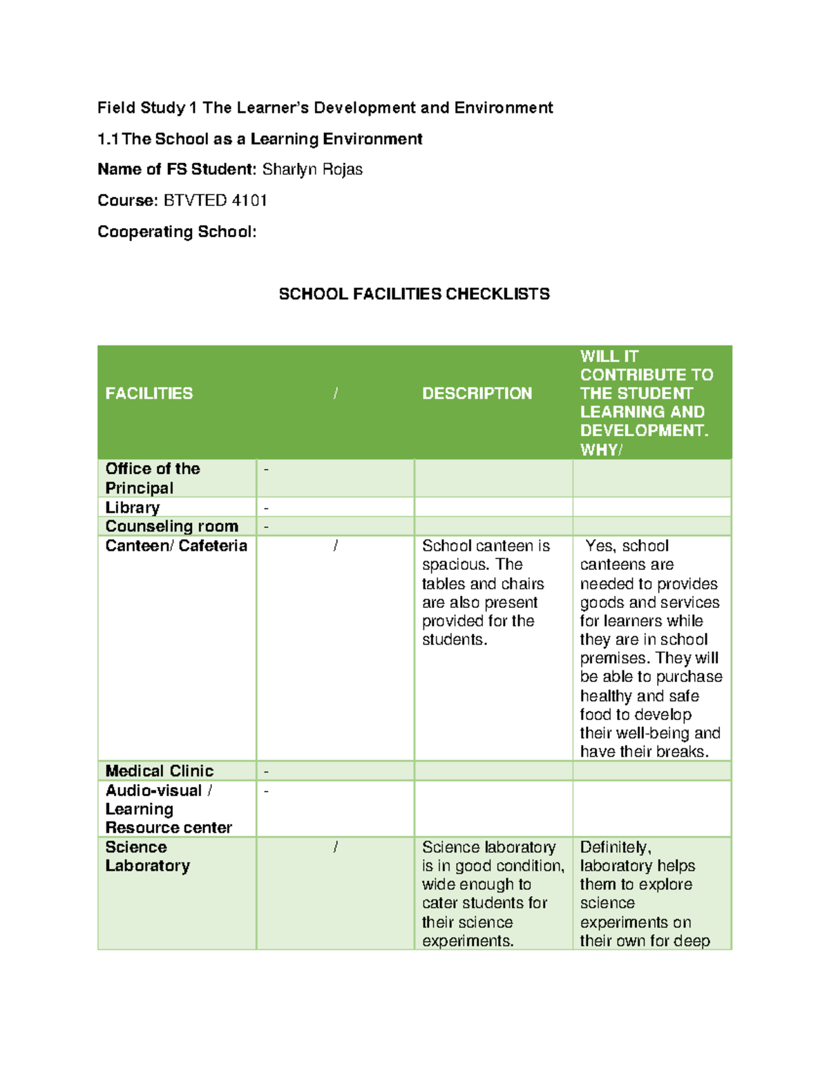 Field Study 1: Analyzing the School as a Learning Environment (BTVTED ...