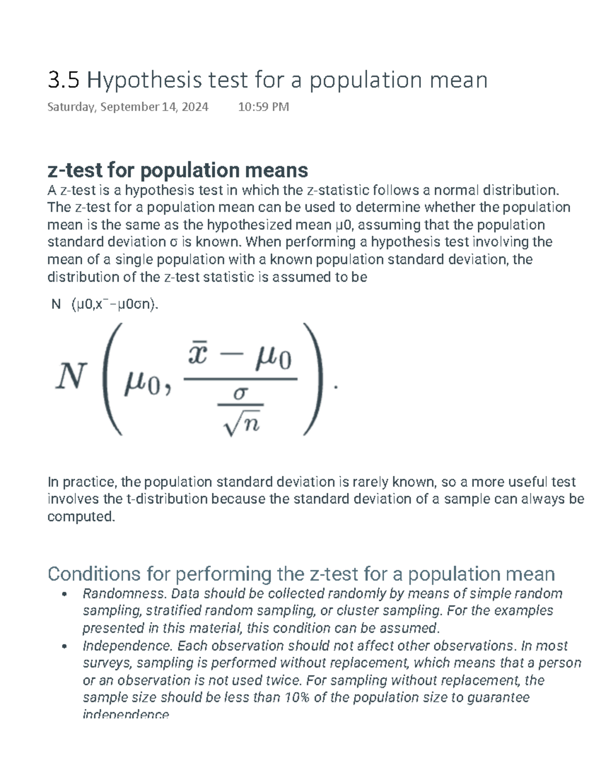Mat 243 3.5 Hypothesis test for a population mean notes - z-test for ...