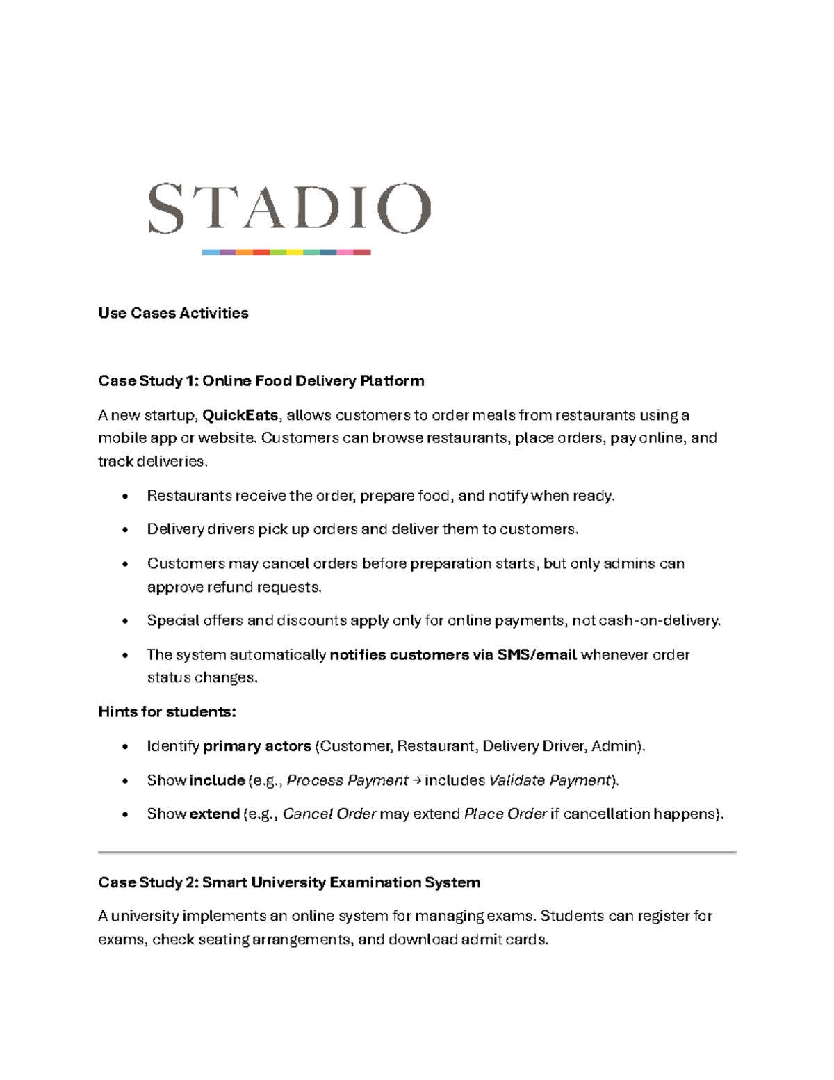Use Cases Activities Case Study: Online Food Delivery & More - Studocu