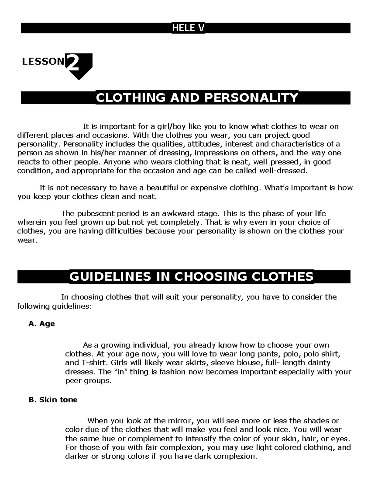 HELE V - Lesson on Clothing and Personality - Studocu