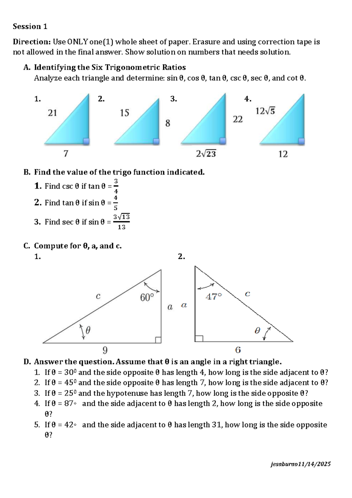 Trigonometry Quiz: Identifying Ratios & Solving for θ (INB 511) - Studocu