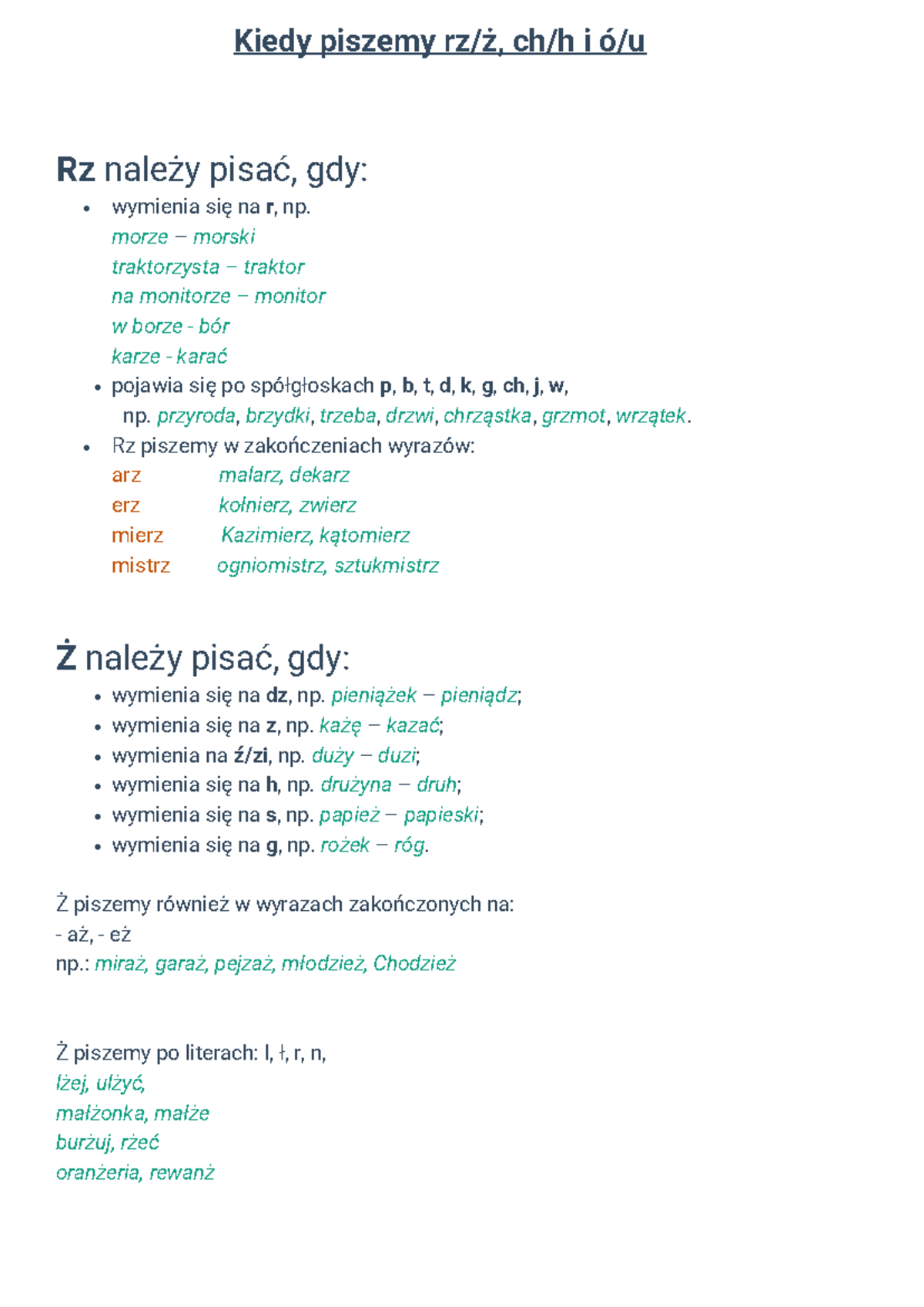 Zasady pisowni: rz/ż, ch/h, ó/u w języku polskim - Studocu