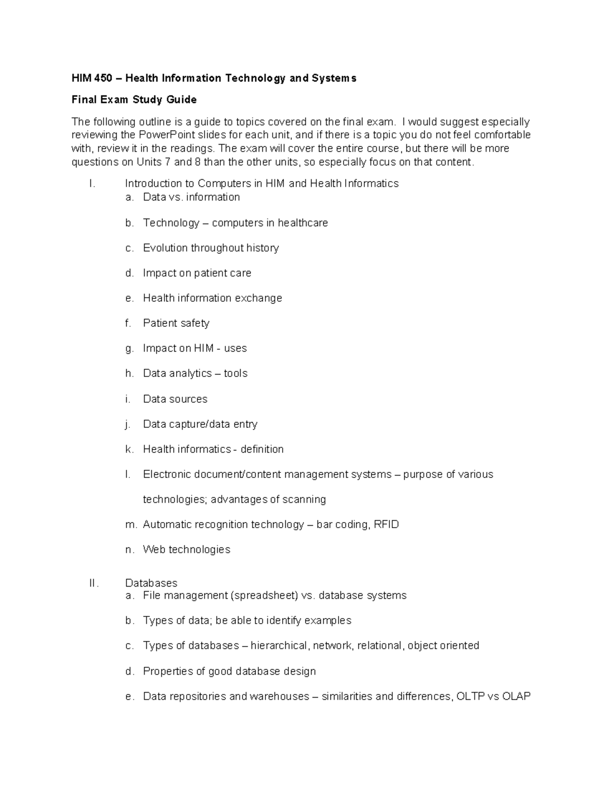 HIM 450 - Health Info Tech Final Exam Study Guide Outline - Studocu