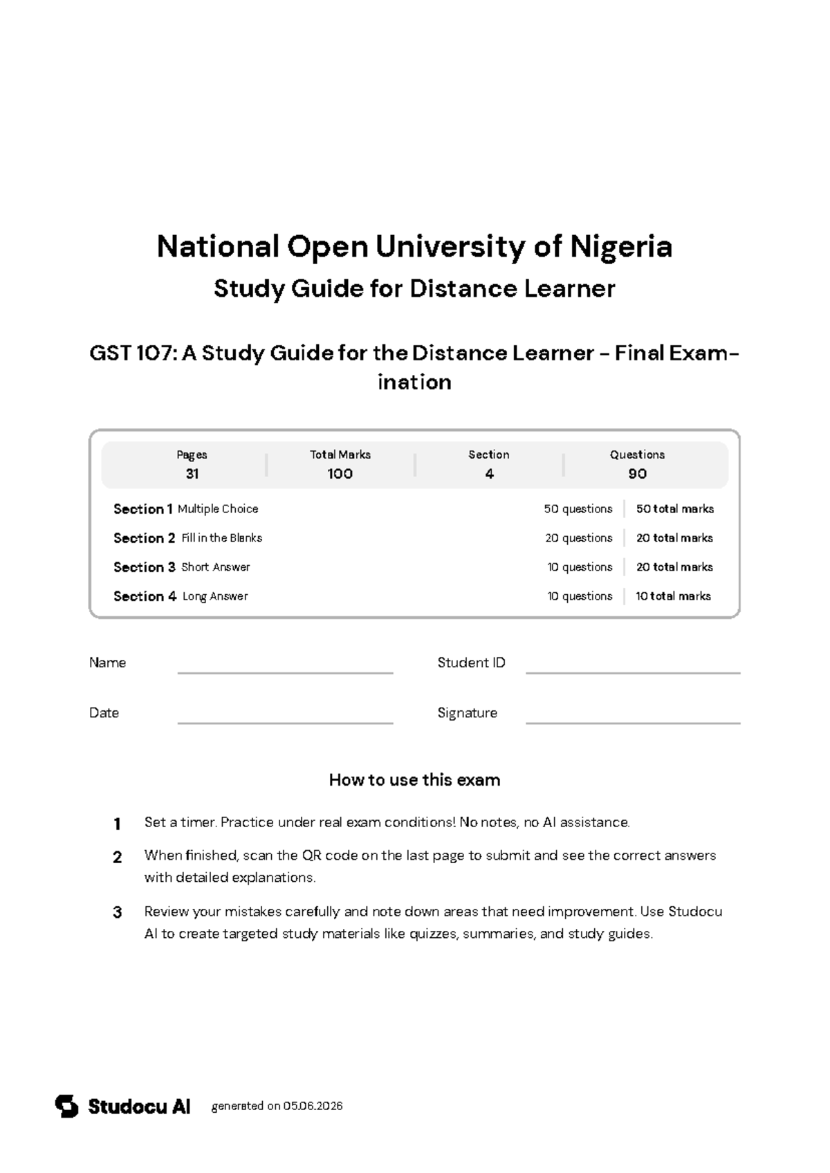 GST 107: Final Exam Study Guide for Distance Learners - Studocu