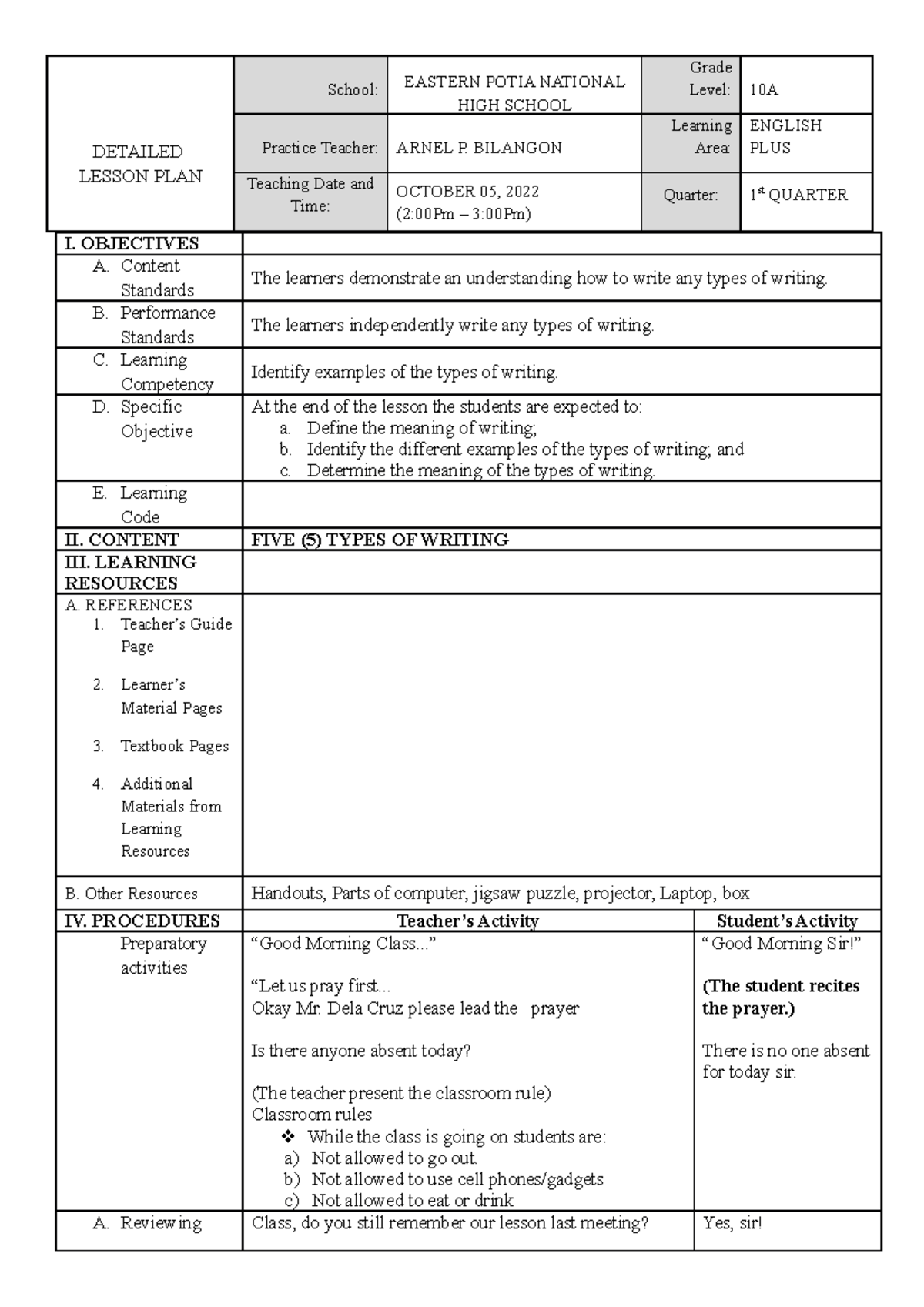 DLP 5 Types of Writing Lesson Plan - Arnel P. Bilangon - Studocu