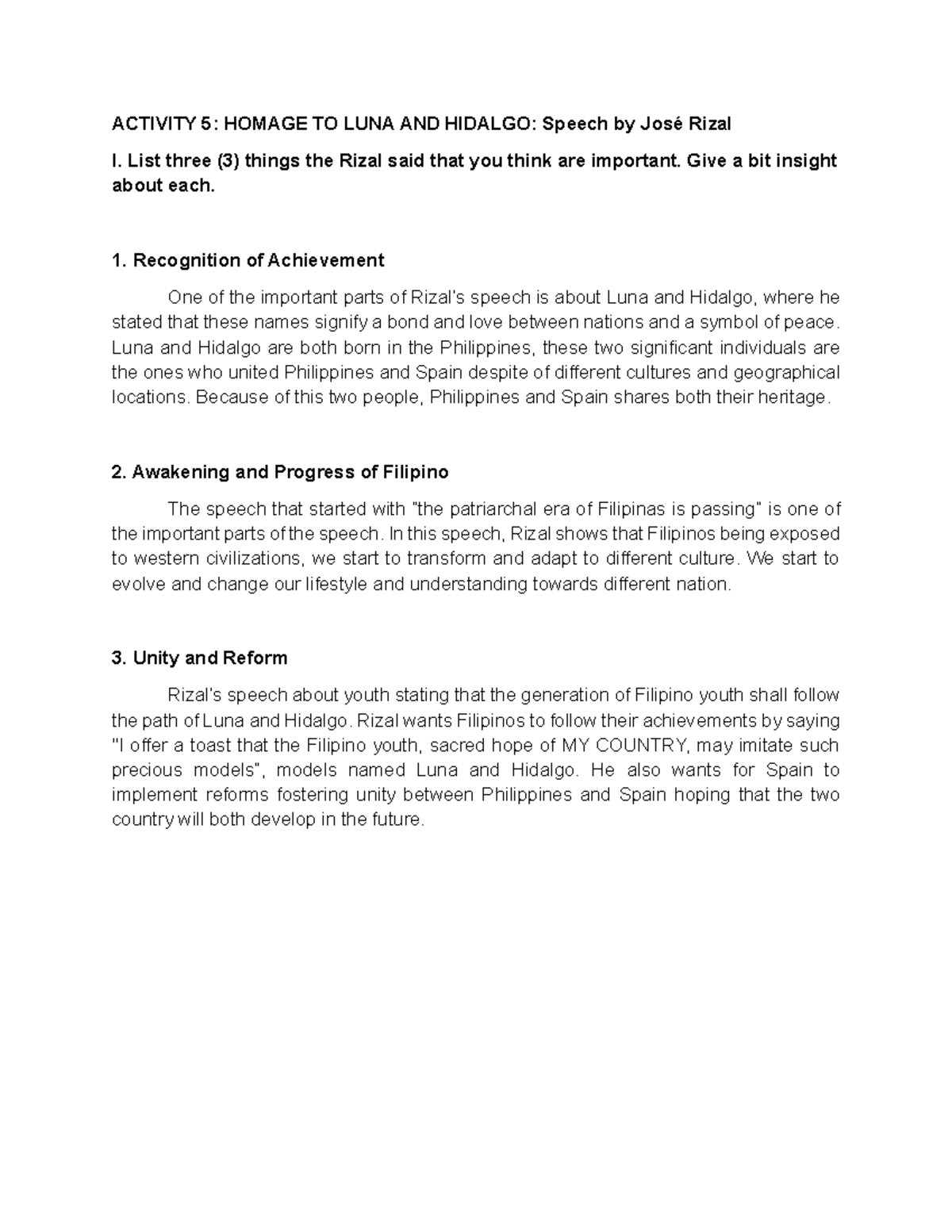 Rizal 5: Insights on Luna and Hidalgo's Legacy in His Speech - Studocu