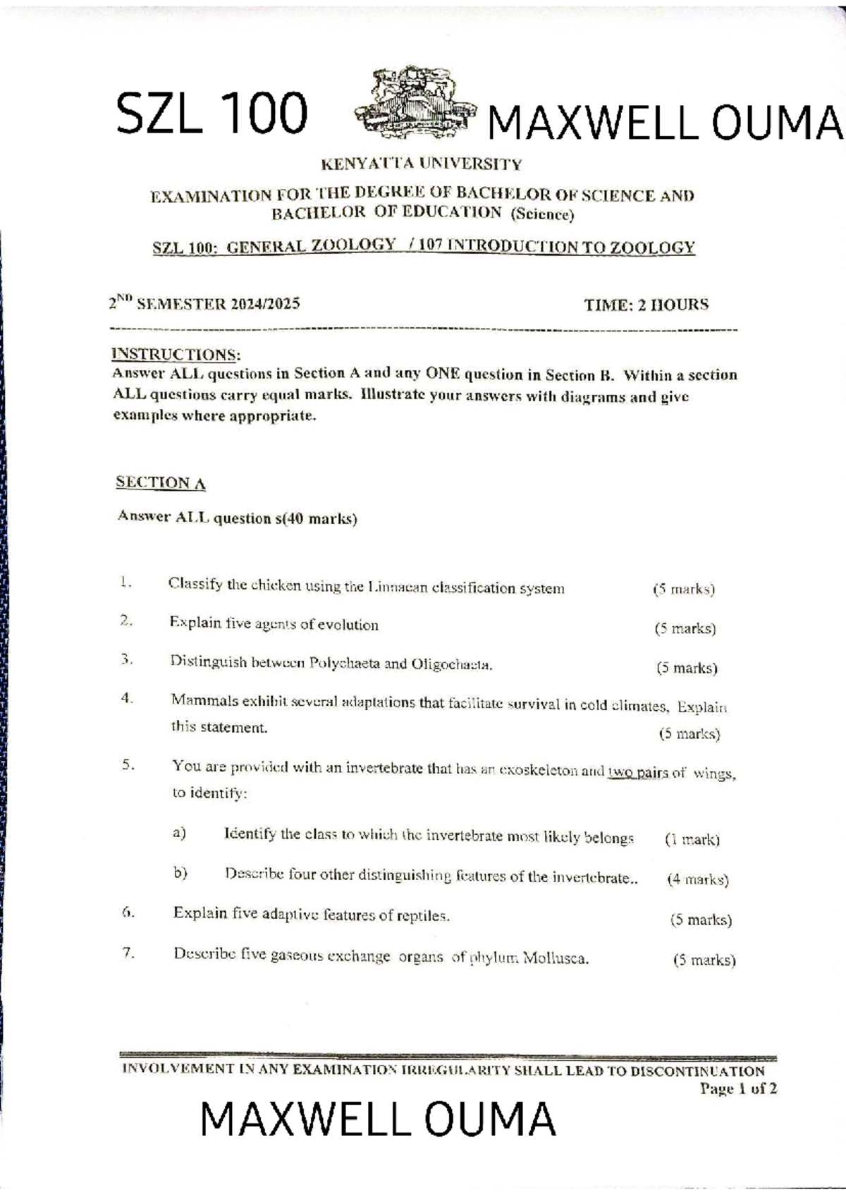 SZL 100 Past Exam Paper: General Zoology by Maxwell Ouma - Studocu
