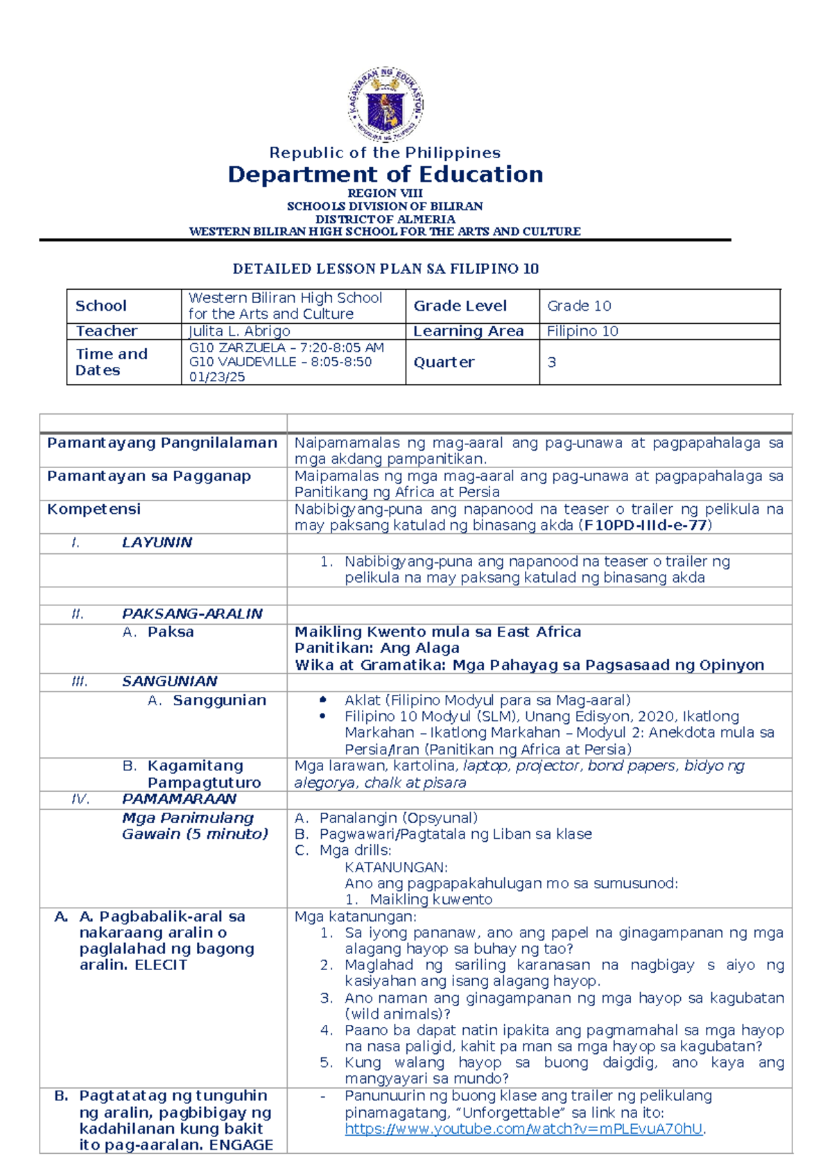 Filipino 10 Q2 DLP11: Detailed Lesson Plan on Alaga and Literature ...