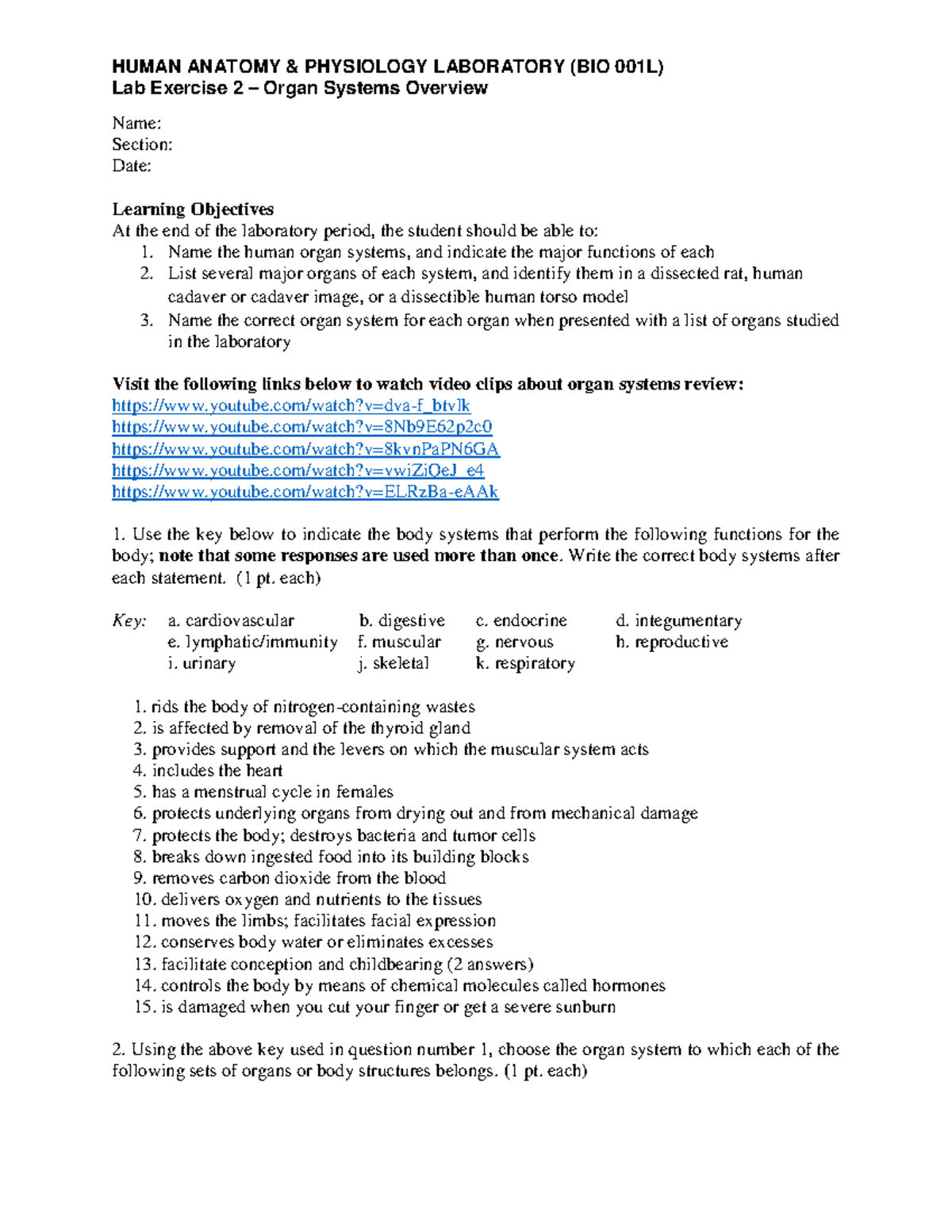 BIO 001L Lab Exercise 2: Human Organ Systems Overview - Studocu