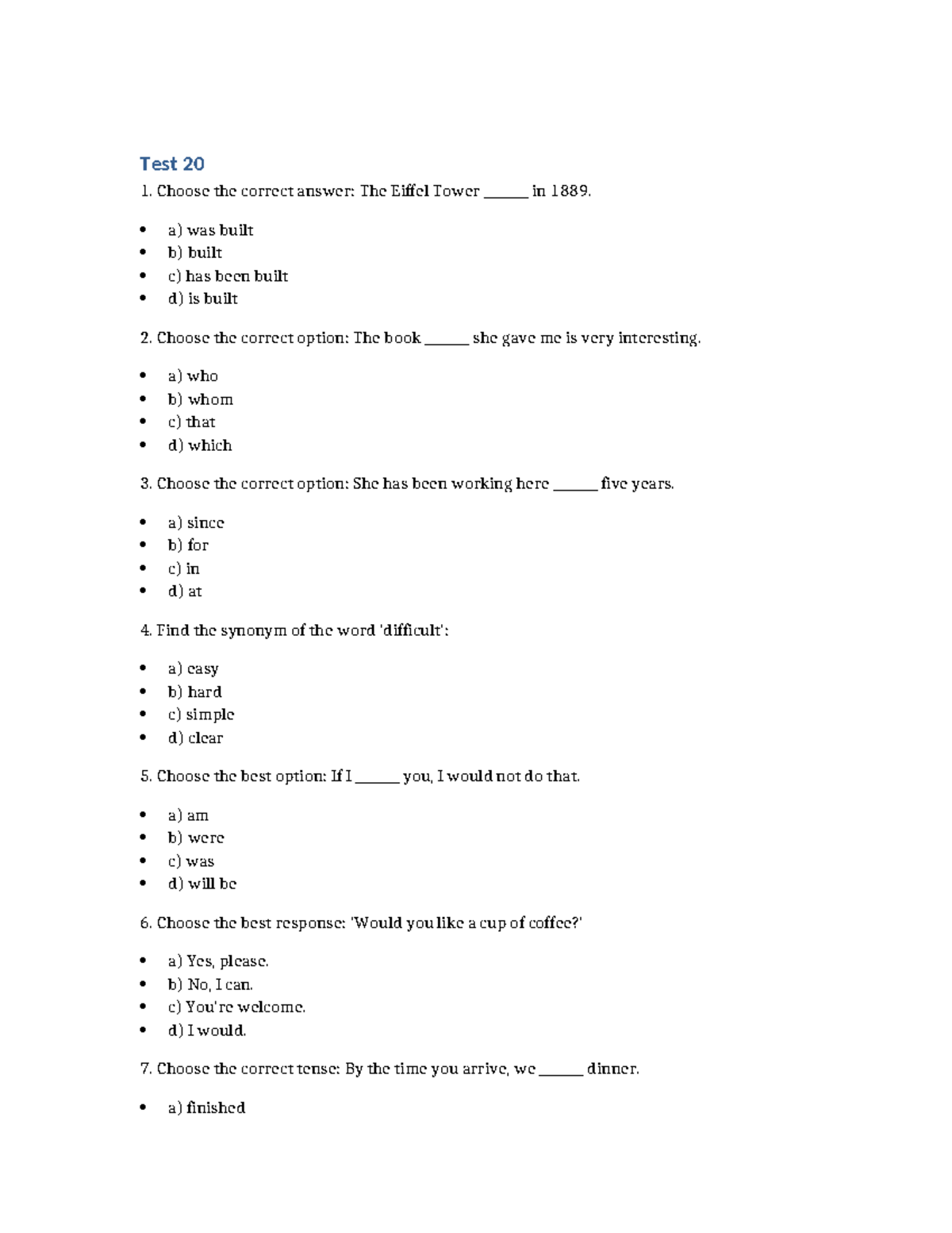 Grade 12 English Test 20: Multiple Choice Questions and Answers - Studocu