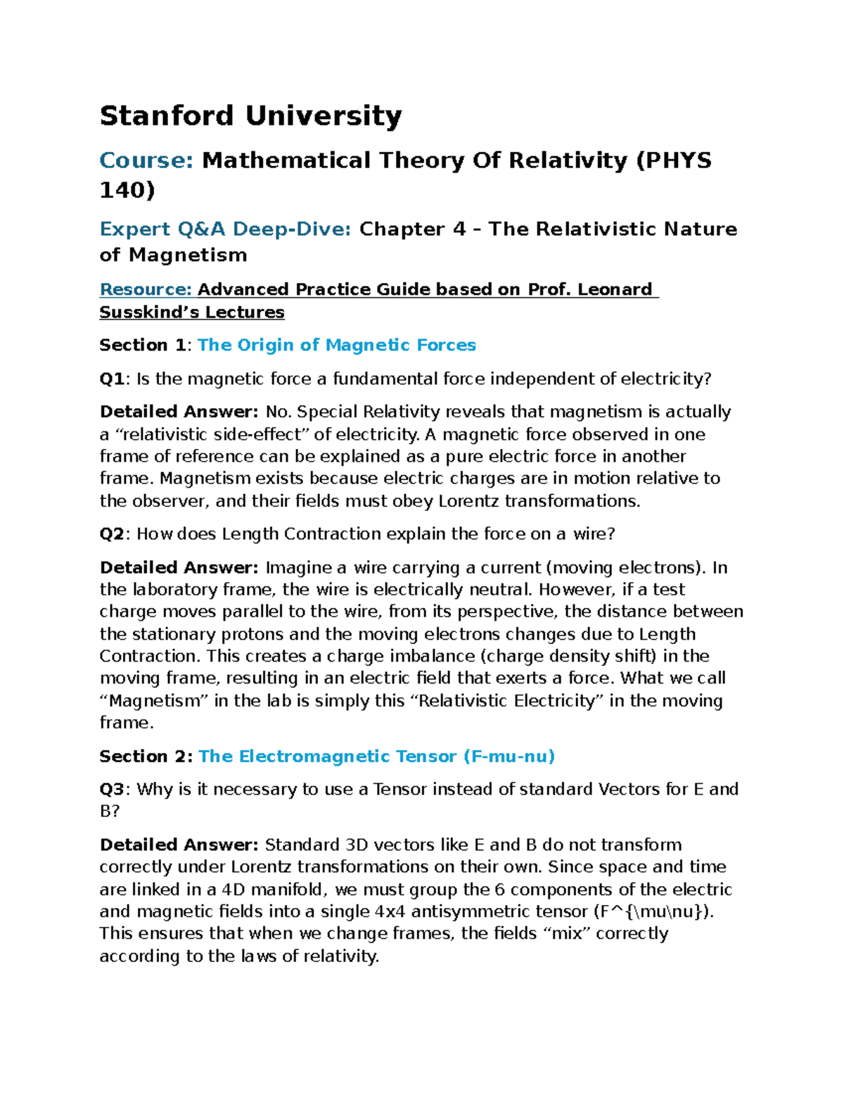 PHYS 140 Stanford Ch 5: Relativistic Magnetism & Field Tensor QA - Studocu