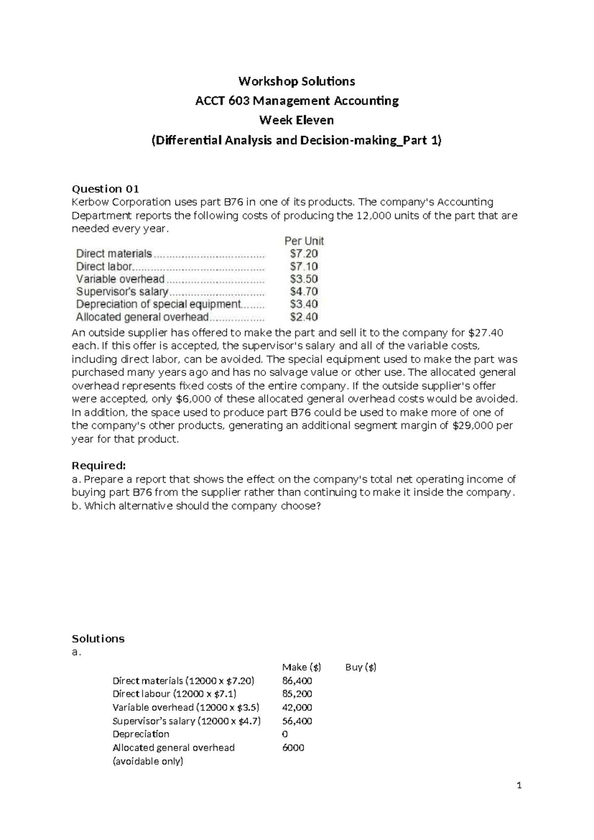 Week 11 Workshop Solutions ACCT 603: Management Accounting Analysis ...