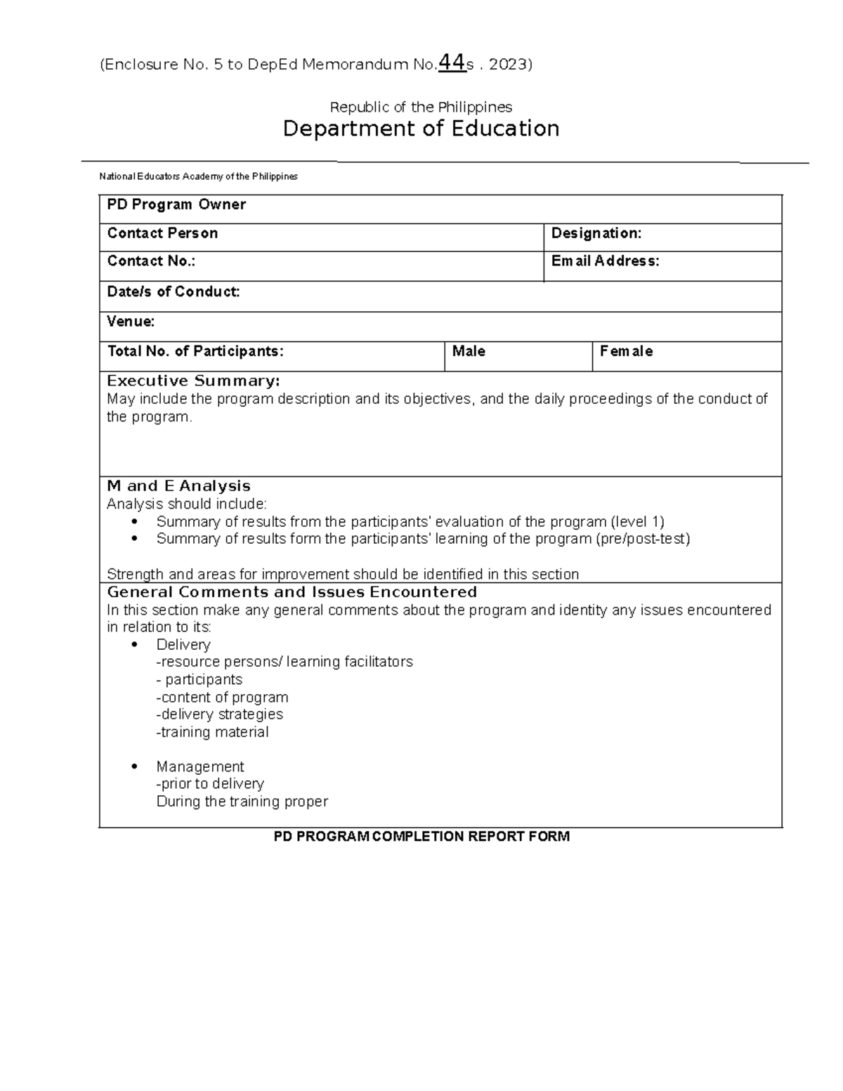 PD Program Completion Report Form: Analysis & Summary Guide - Studocu