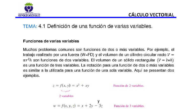 CÁLCULO VECTORIAL: TEMA 4.1 Funciones de Varias Variables - Studocu