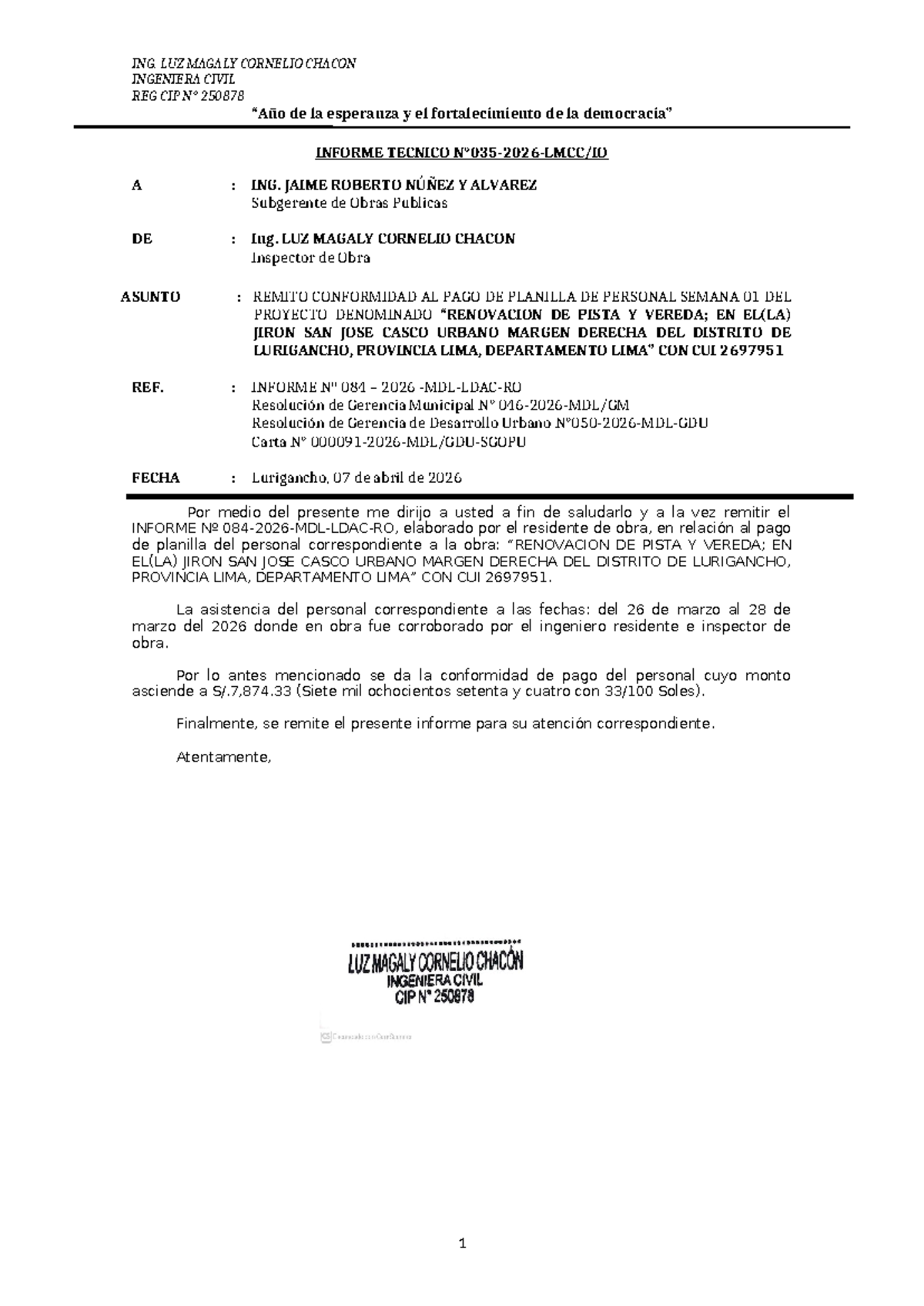 Informe Técnico N° 035-2026-LMCC-IO: Conformidad de Pago Planilla 1 ...
