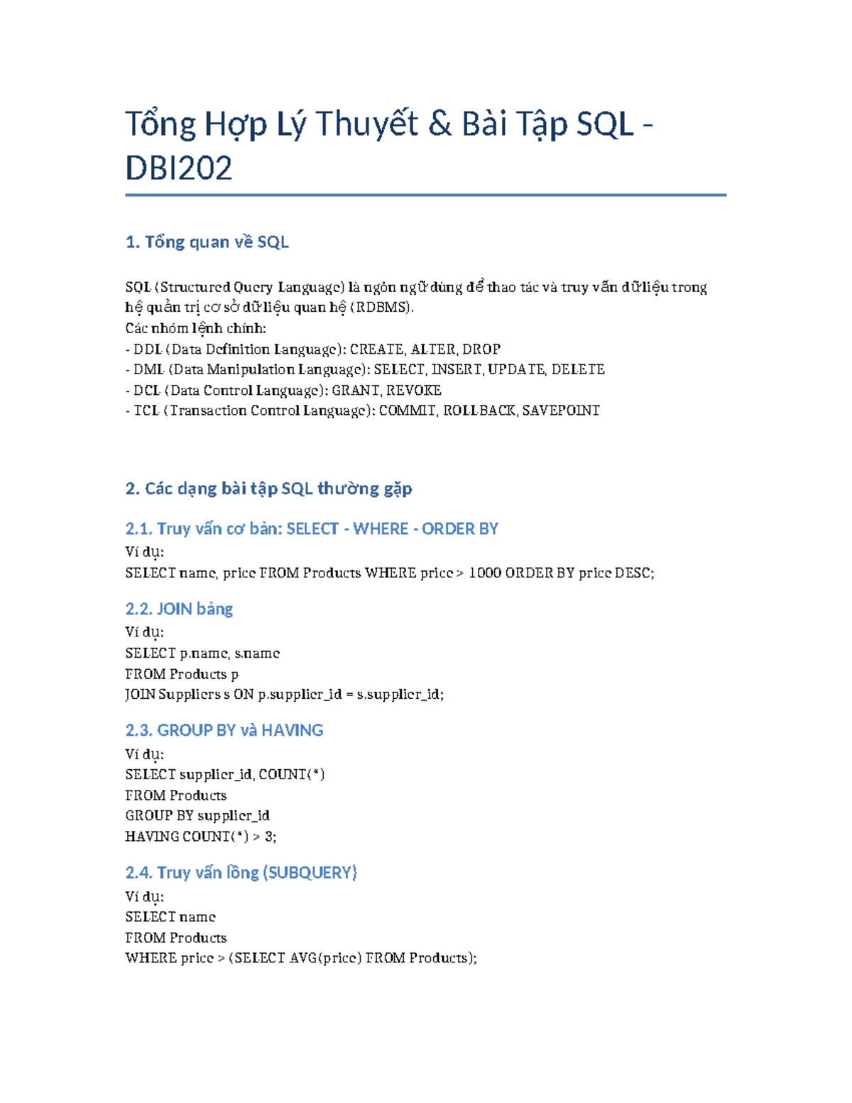 Tổng Hợp Lý Thuyết và Bài Tập SQL DBI202 - Studocu
