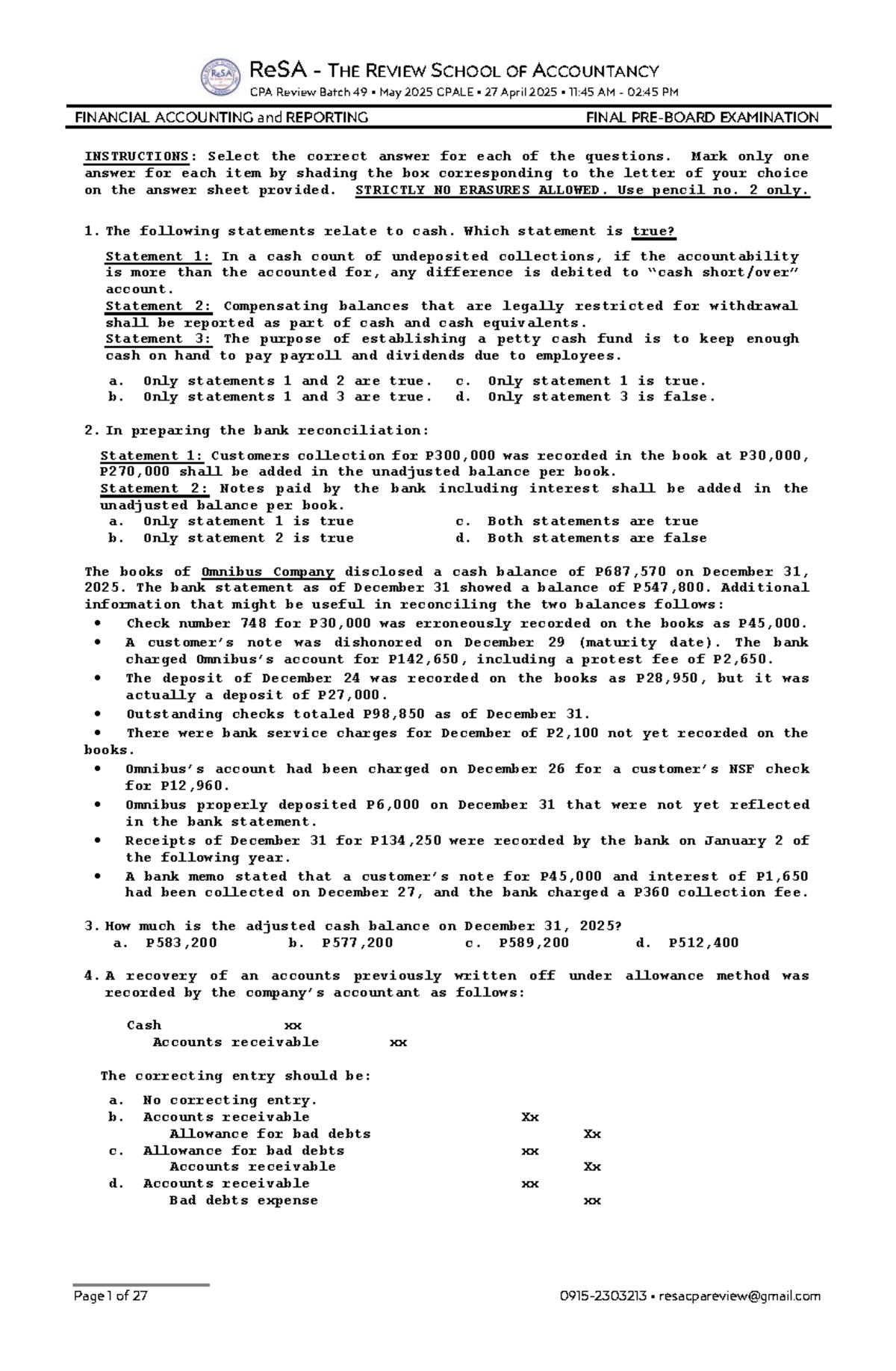 ReSA Batch 49 FAR Final Exam Questions, Answers & Solutions - May 2025 ...