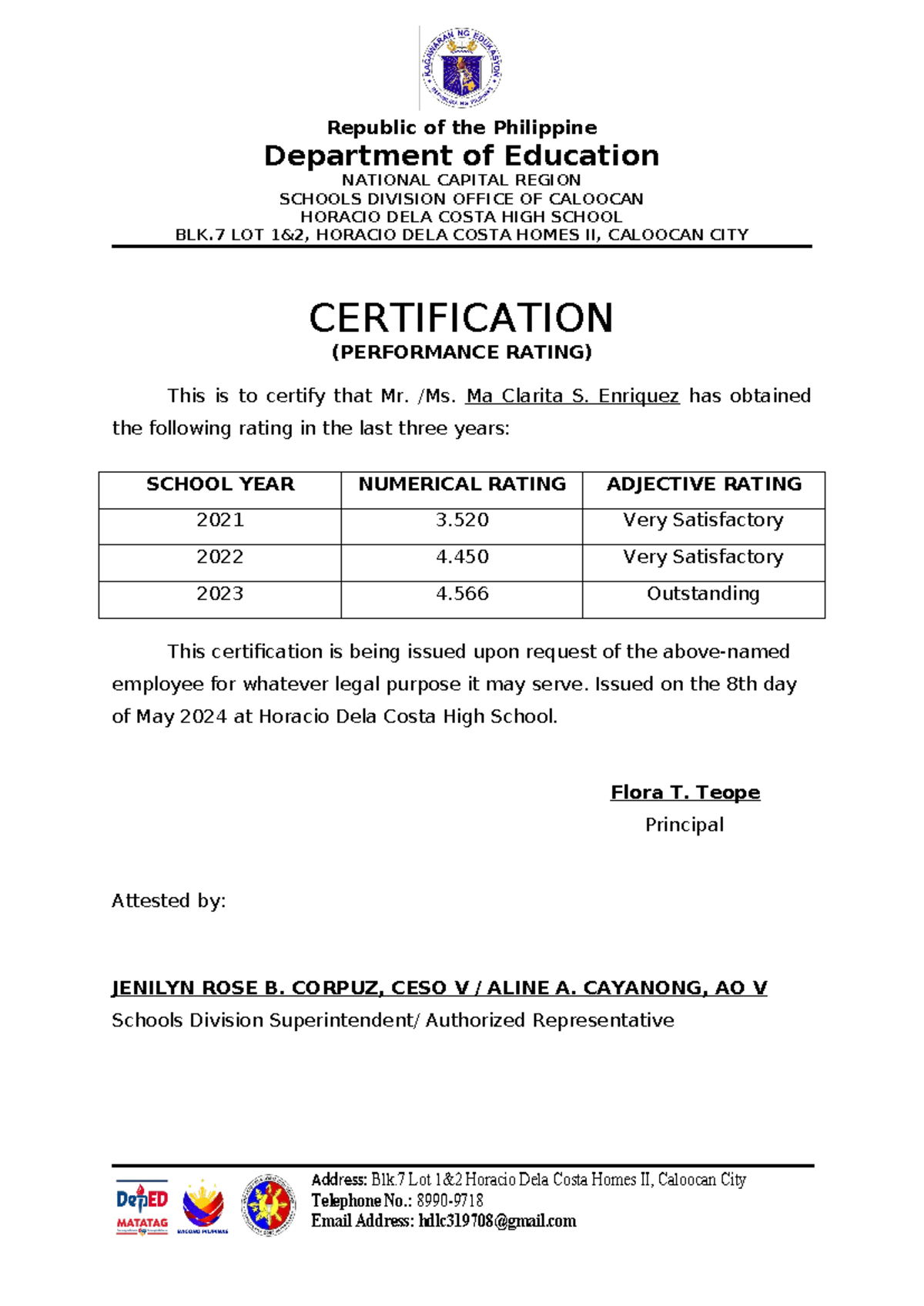 Certification of Performance rating- Enriquez - Republic of the ...