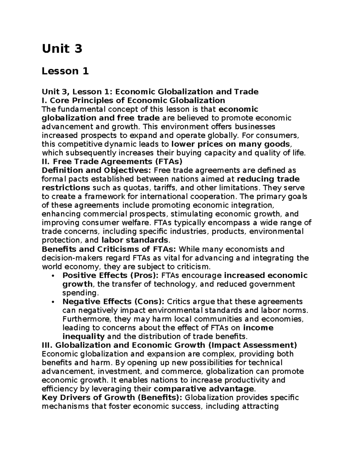 Unit 3 Lesson 1: Economic Globalization and Trade Insights - Studocu
