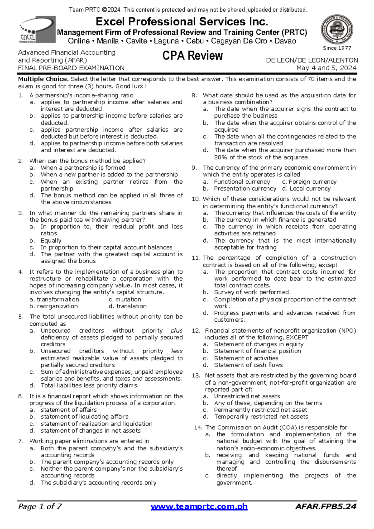 AFAR PRTC Final Pre-Board Exam Review (May 2024) - Studocu