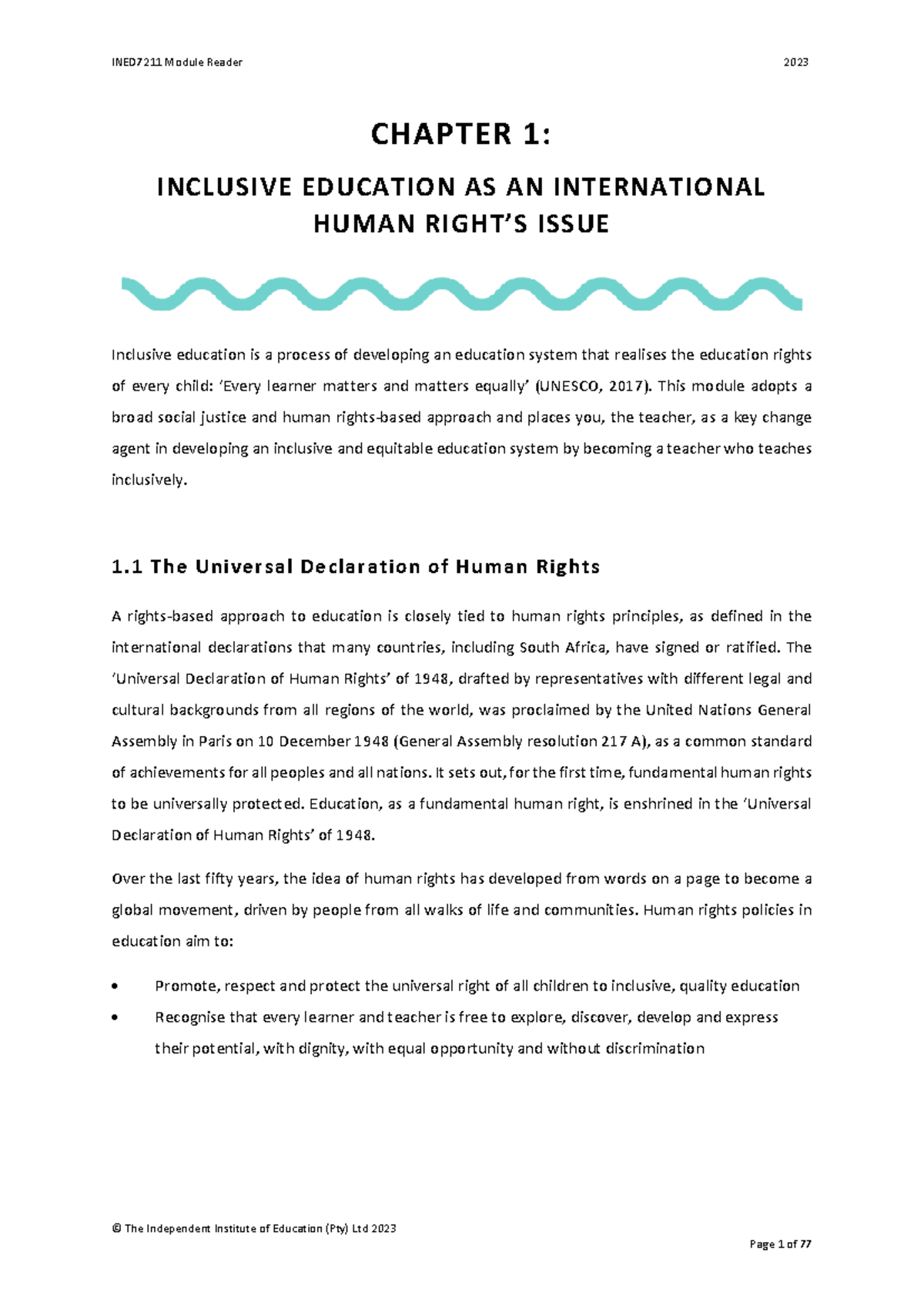 INED7211 Module Reader - CHAPTER 1: INCLUSIVE EDUCATION AS AN ...