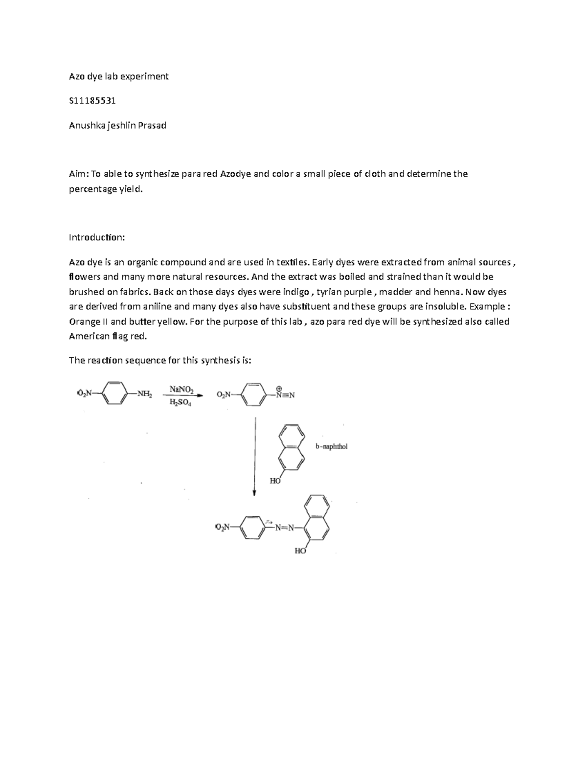 CH201: Organic Chemistry Lab Report on Synthesis of Para Red Azo Dye ...