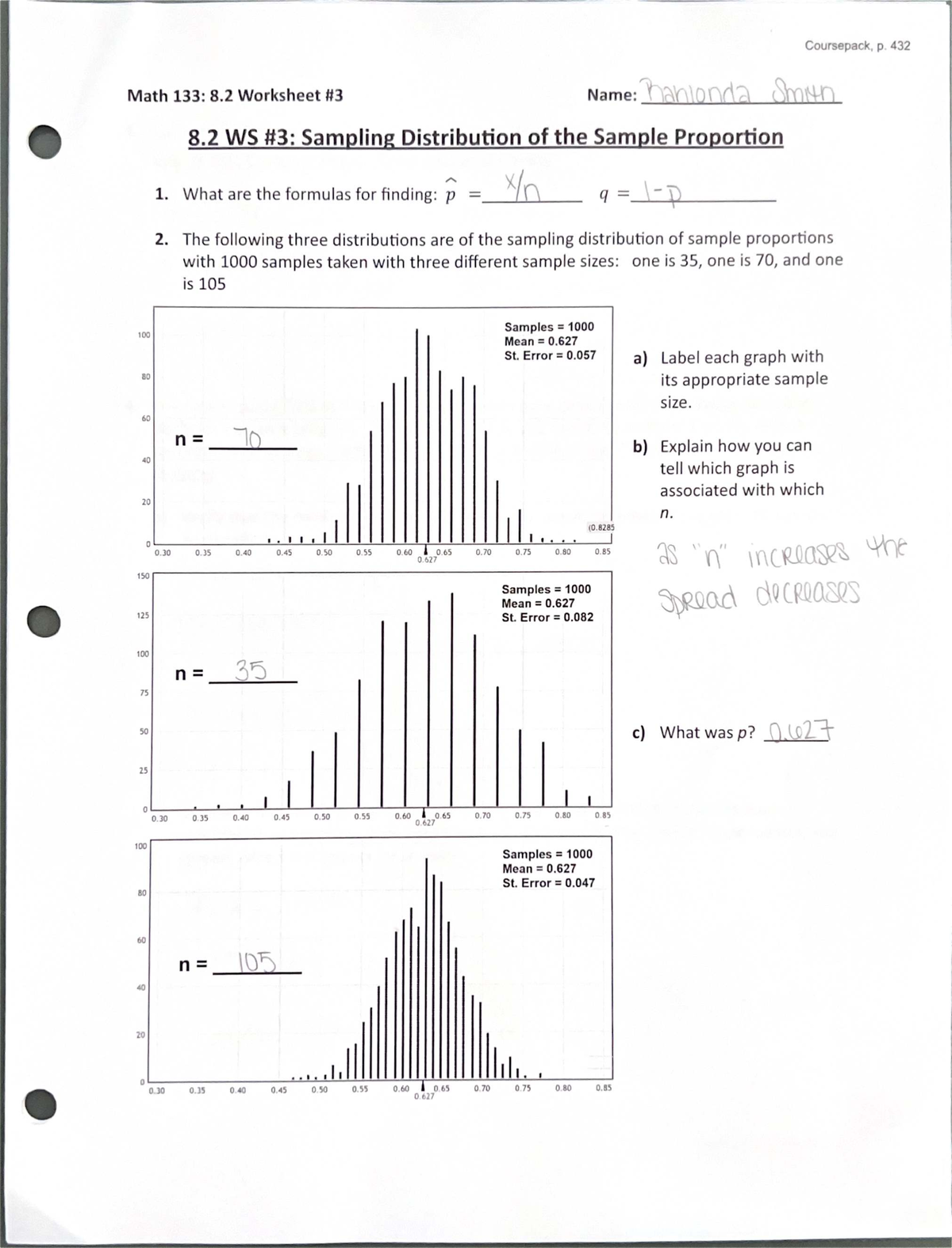 Math 133: 8.2 WS - Sampling Distribution of Sample Proportion - Studocu