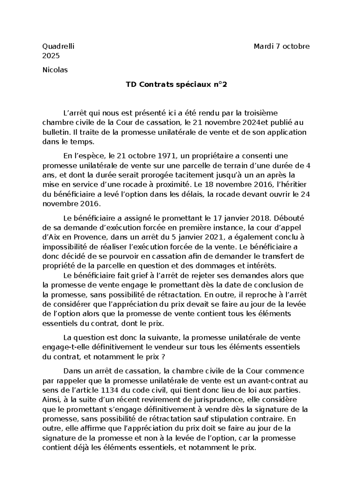 TD Contrats Spéciaux : Analyse de la Promesse Unilatérale de Vente ...