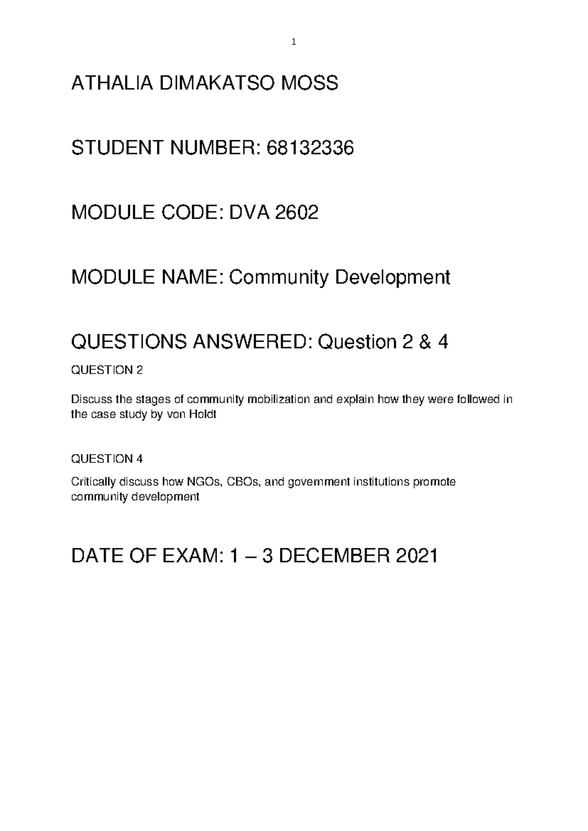 1 December DVA 2602 exam - ATHALIA DIMAKATSO MOSS STUDENT NUMBER: 68132336 MODULE CODE: DVA 2602 ...
